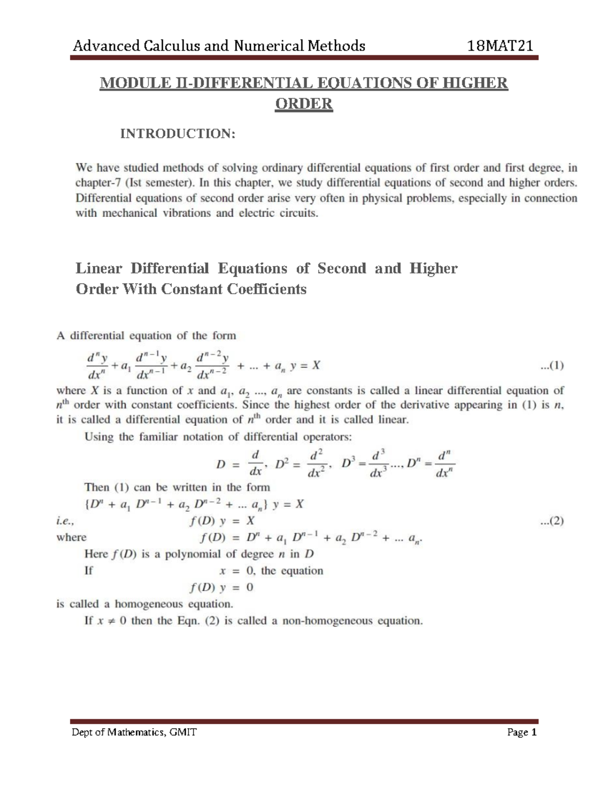 18MAT21 Module 2 - vtu - MODULE II-DIFFERENTIAL EQUATIONS OF HIGHER ORDER INTRODUCTION: Linear ...