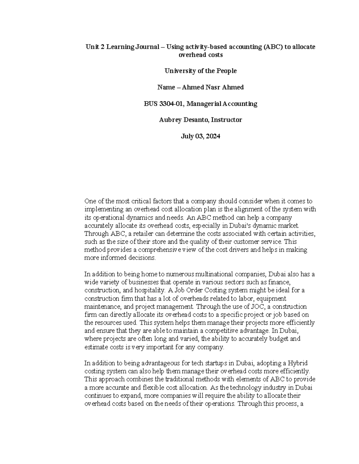 Unit 2 L.J Managerial Accounting - Unit 2 Learning Journal – Using ...