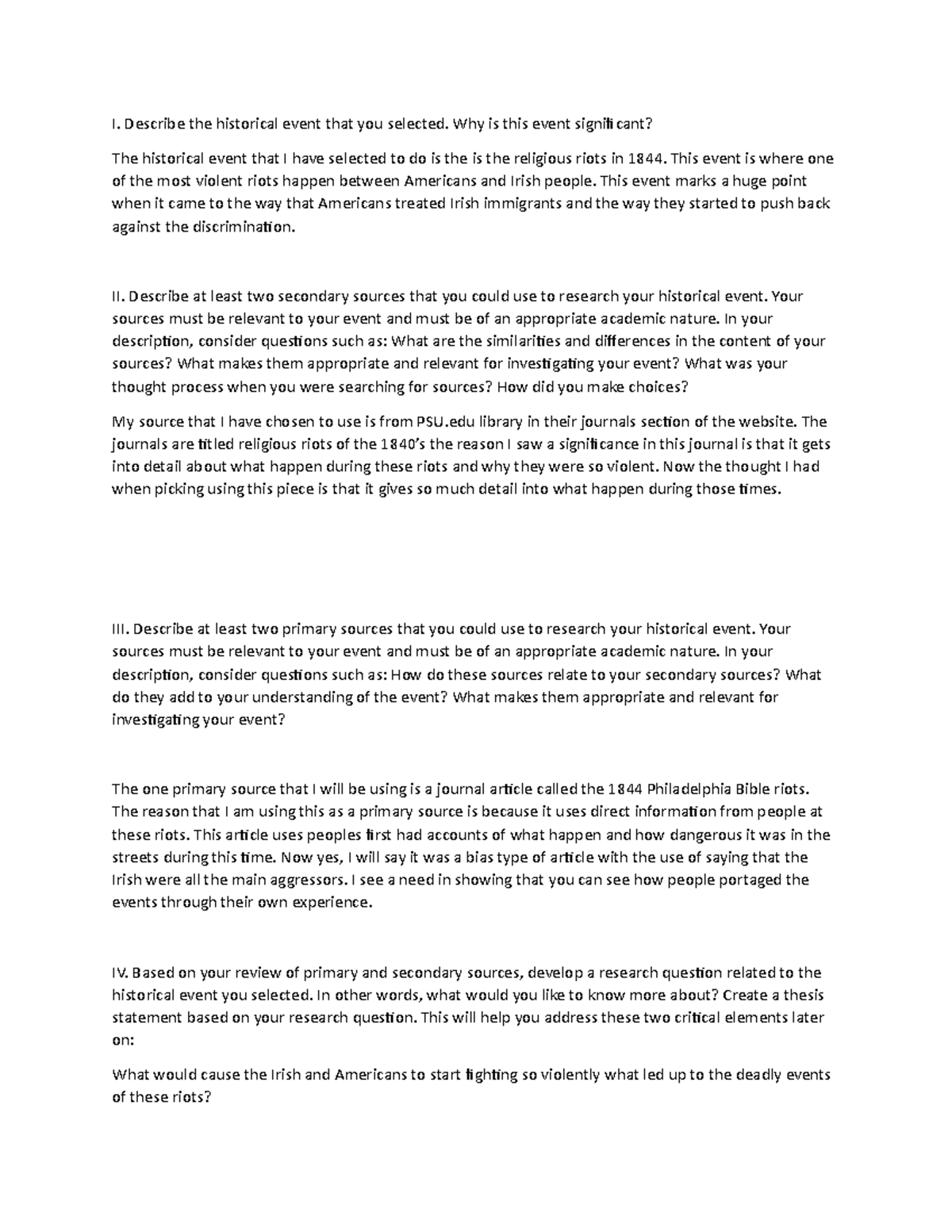 Writing Plan Week 3 - I. Describe the historical event that you ...