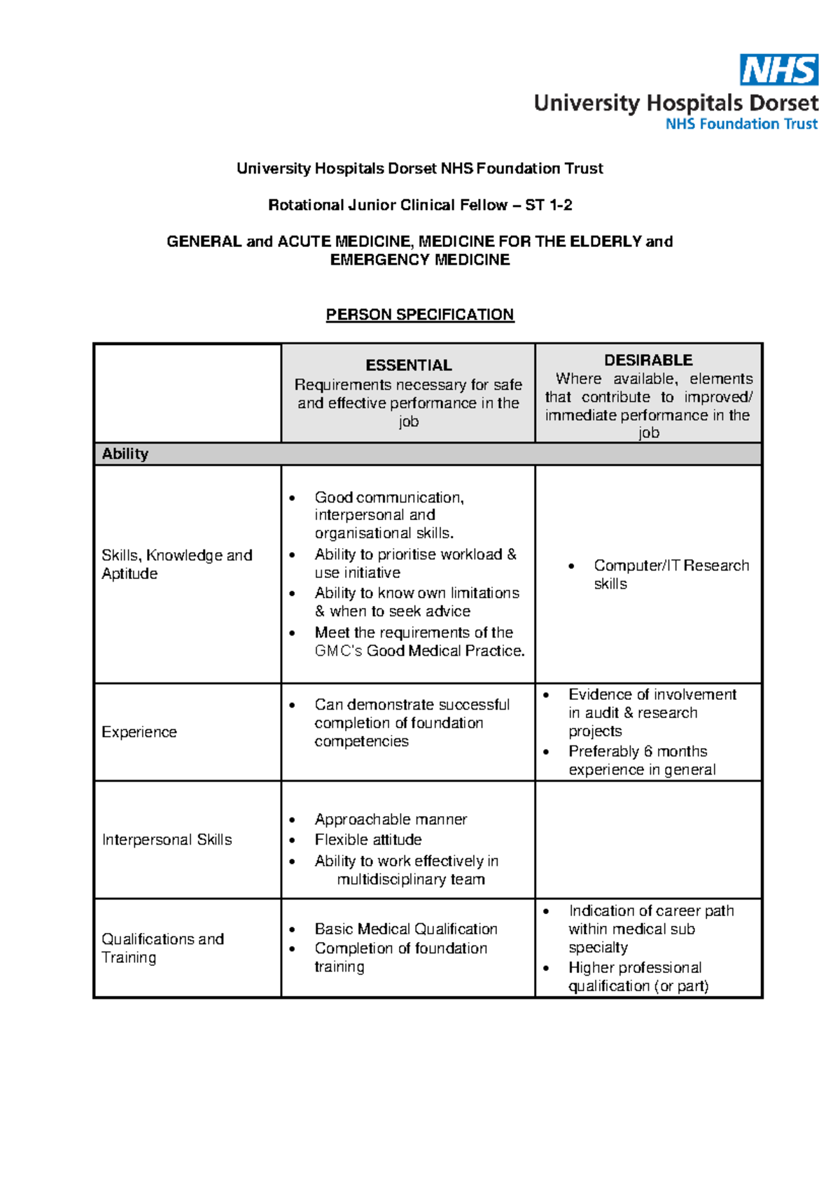 153-M3384 Person Specification - University Hospitals Dorset NHS ...
