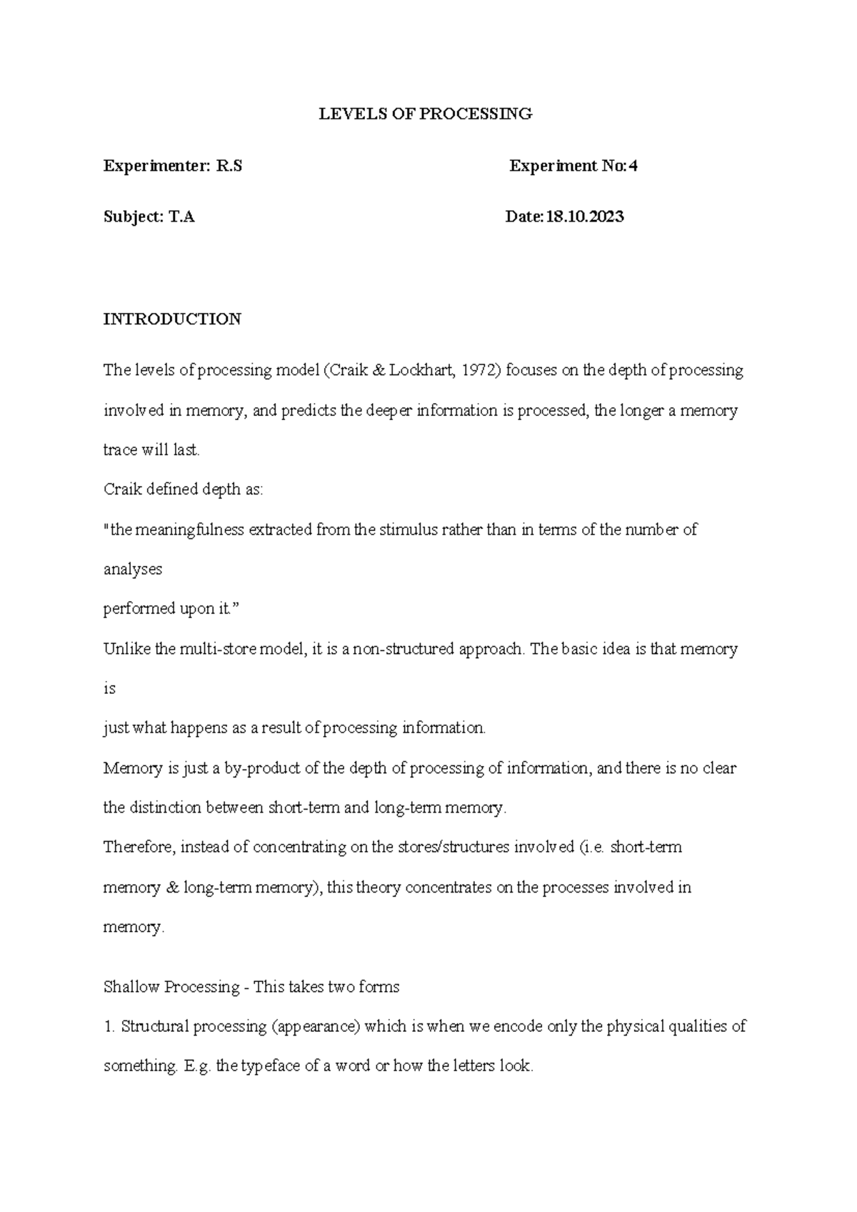 Levels of processing Experimental Psychology - LEVELS OF PROCESSING ...