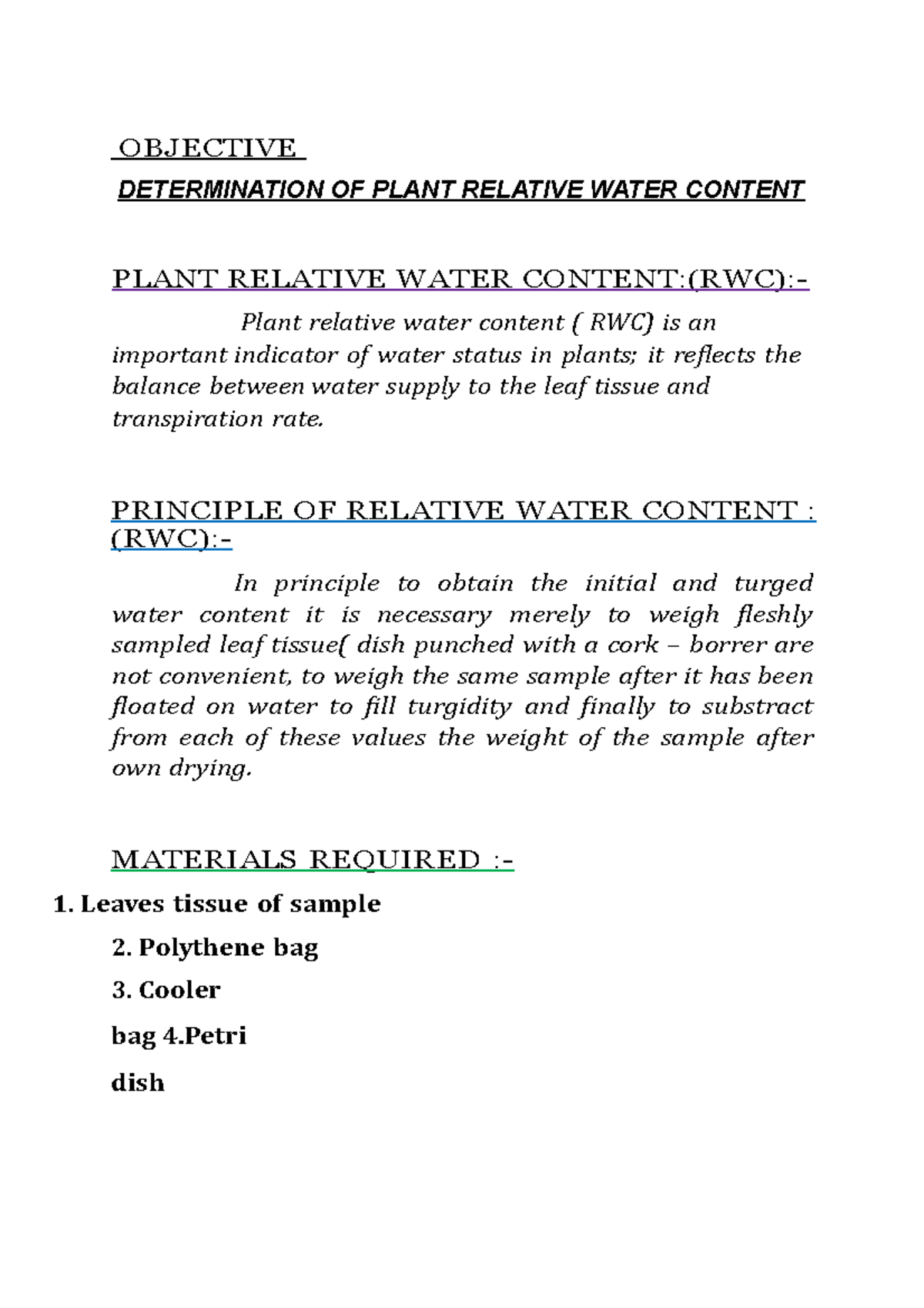Determination of plant relative water content - OBJECTIVE DETERMINATION ...