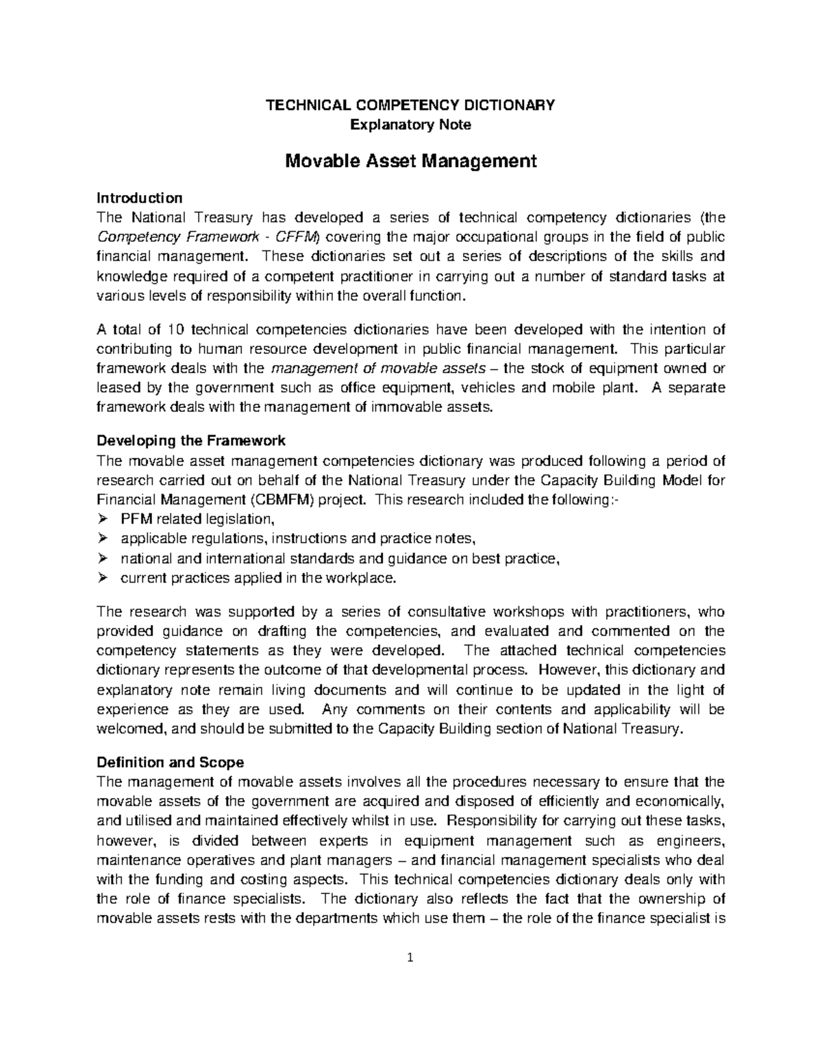Movable Asset Management - TECHNICAL COMPETENCY DICTIONARY Explanatory ...