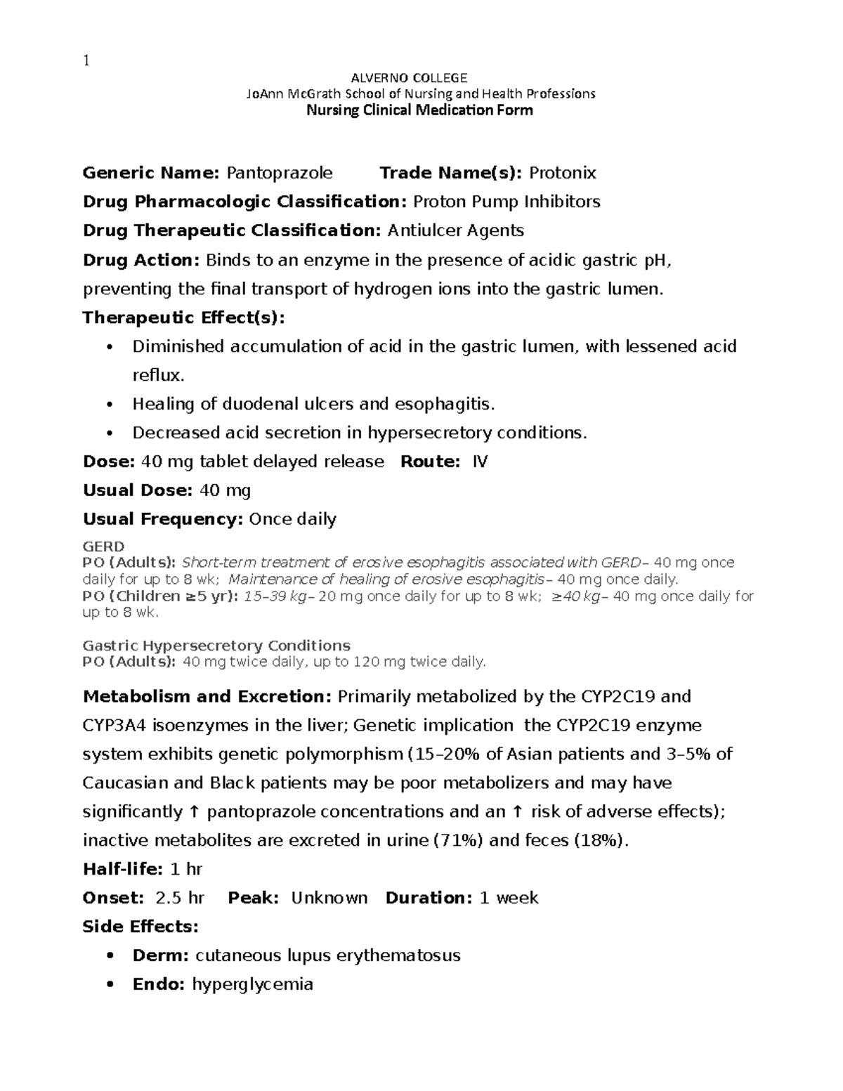 Sample MED Sheet Protonix Nursing - 1 ALVERNO COLLEGE JoAnn McGrath ...