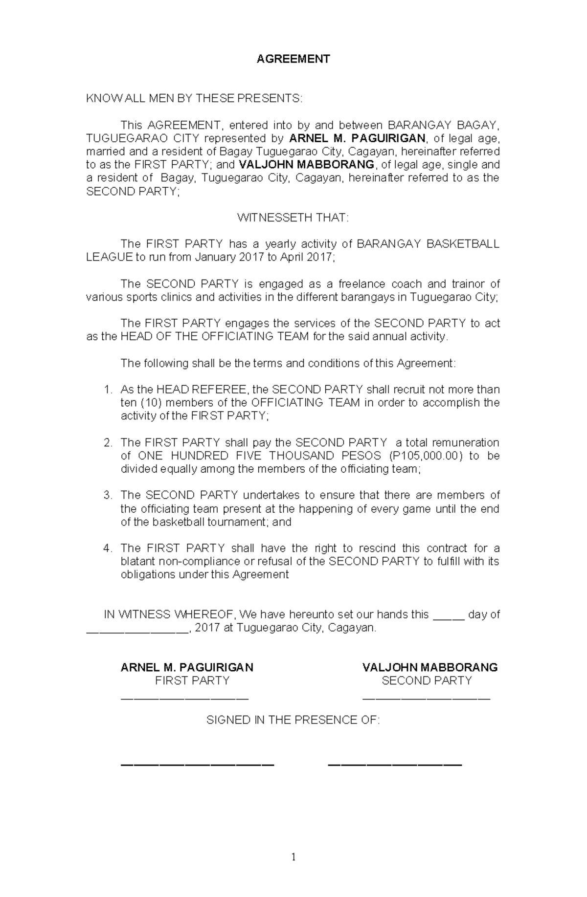 Agreement vj and arnel basketball - AGREEMENT KNOW ALL MEN BY THESE ...