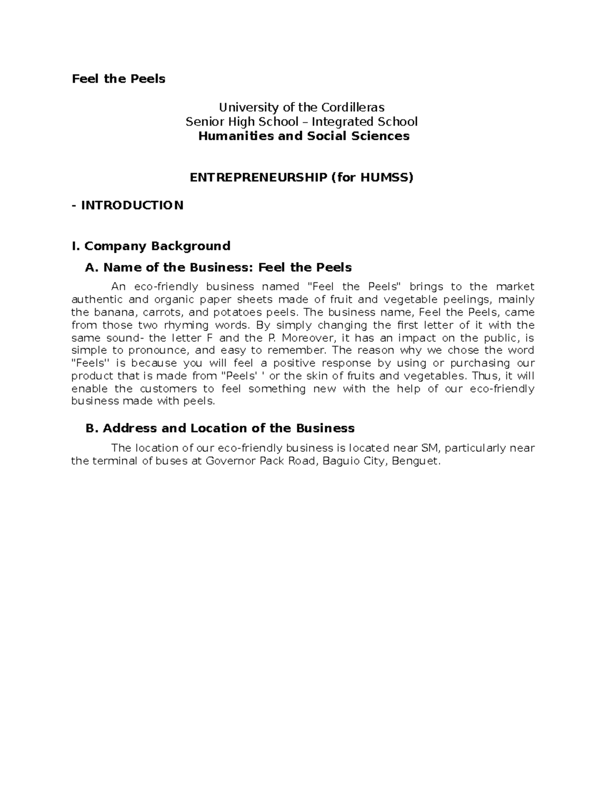 BP entrep - BUSINESS PROPOSAL - Feel the Peels University of the ...