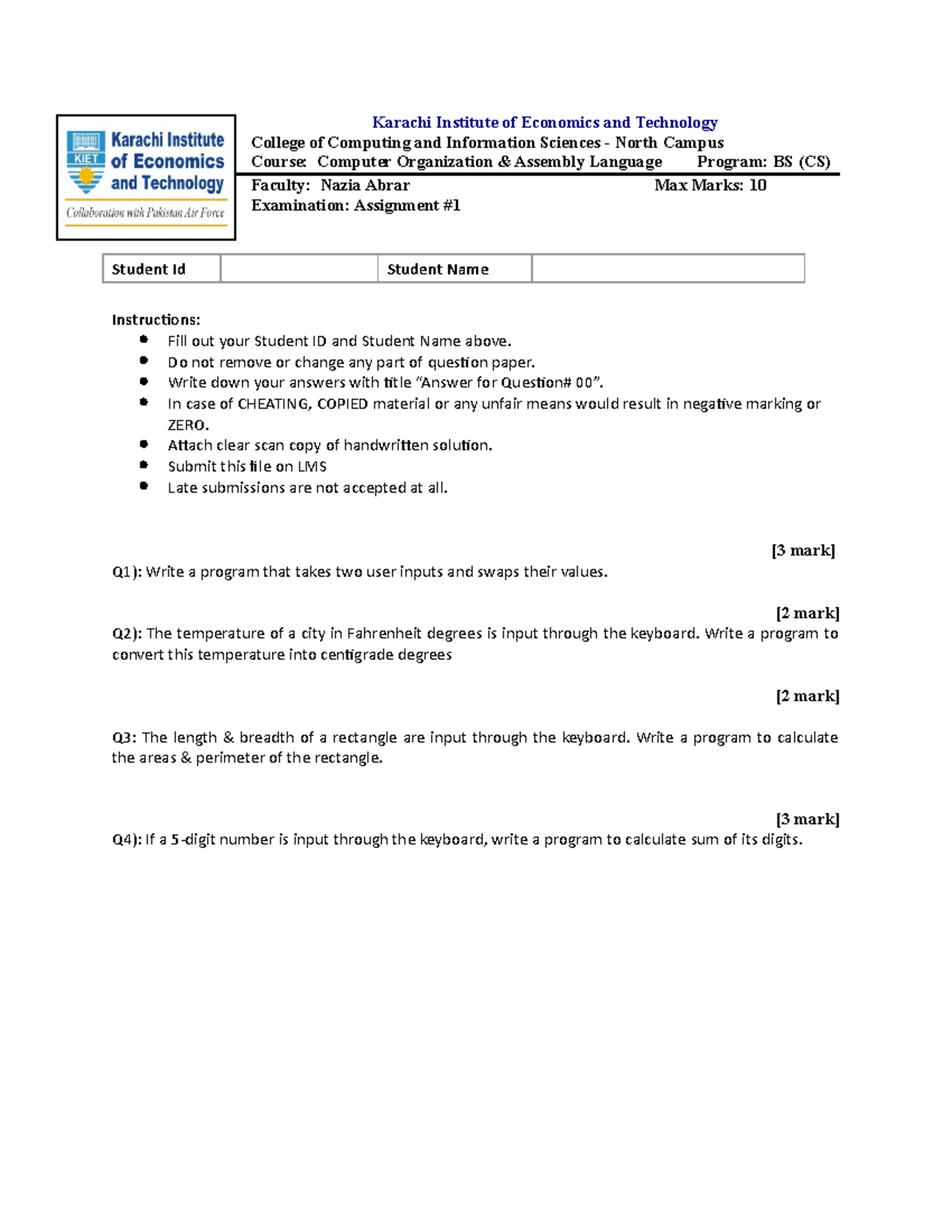 Coal Lab Assignment 1 - abc - Karachi Institute of Economics and ...