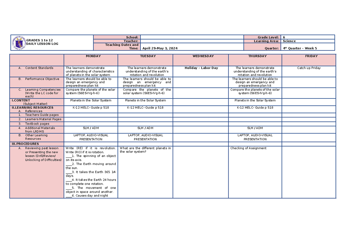 Science-6-WEEK-5 - dddd - GRADES 1 to 12 DAILY LESSON LOG School: Grade ...