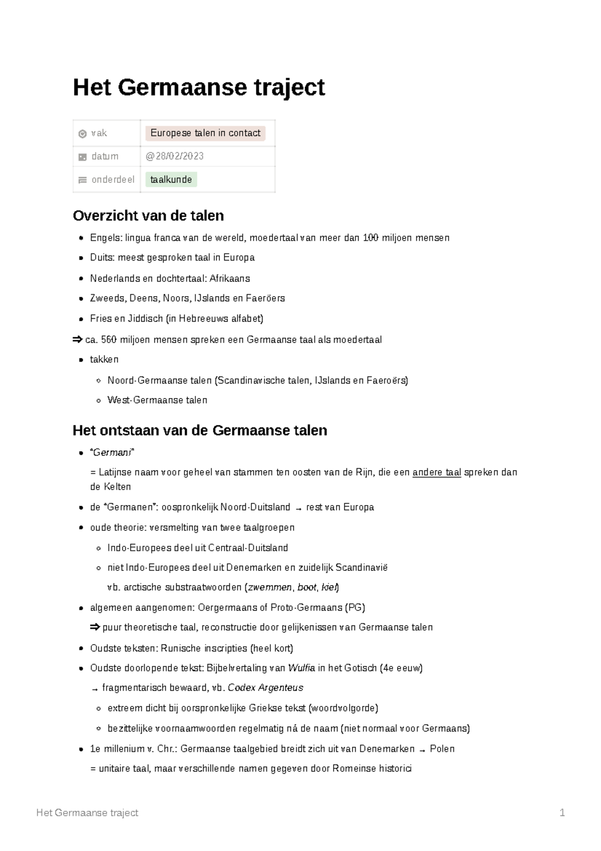 Het Germaanse traject - Samenvatting Europese talen in contact - Het ...