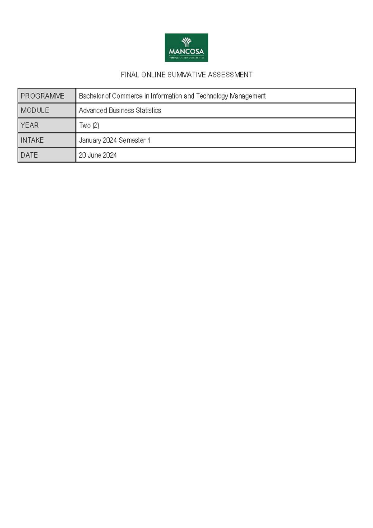 Advanced Business Statistics Final OSA - FINAL ONLINE SUMMATIVE ASSESSMENT PROGRAMME Bachelor of ...