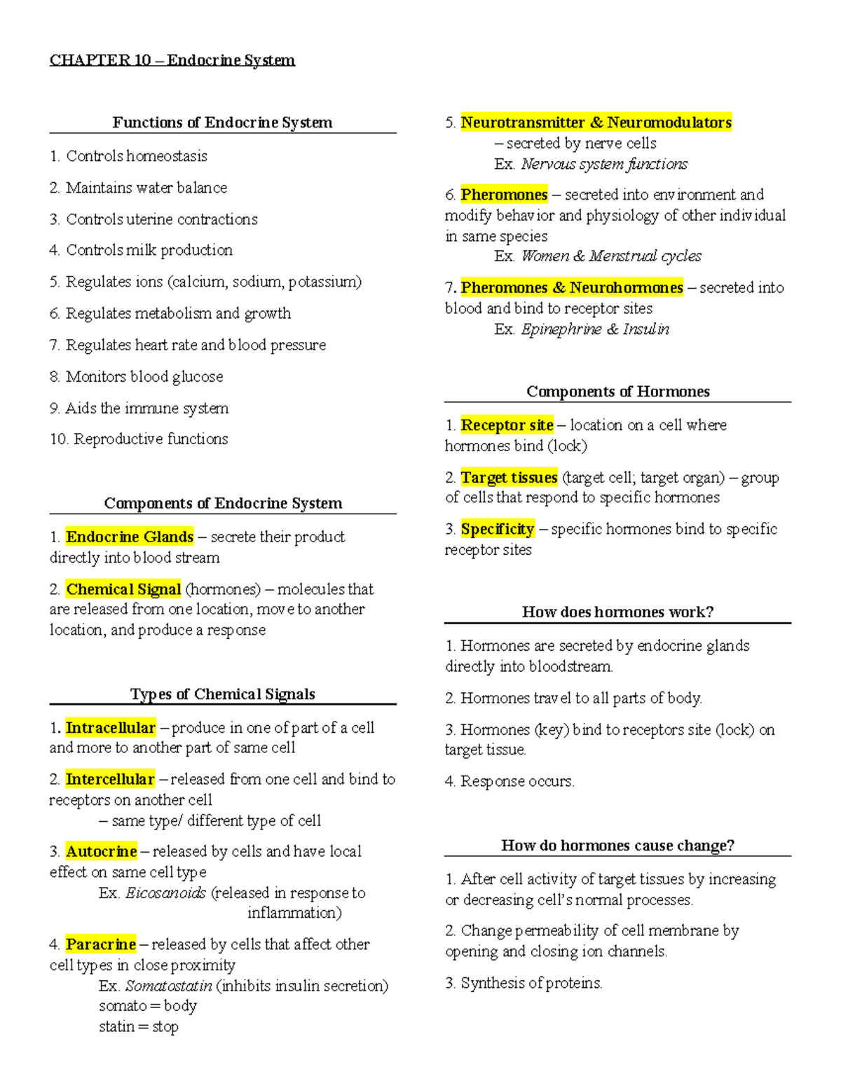Chapter 10 - Endocrine System - CHAPTER 10 Endocrine System Functions ...