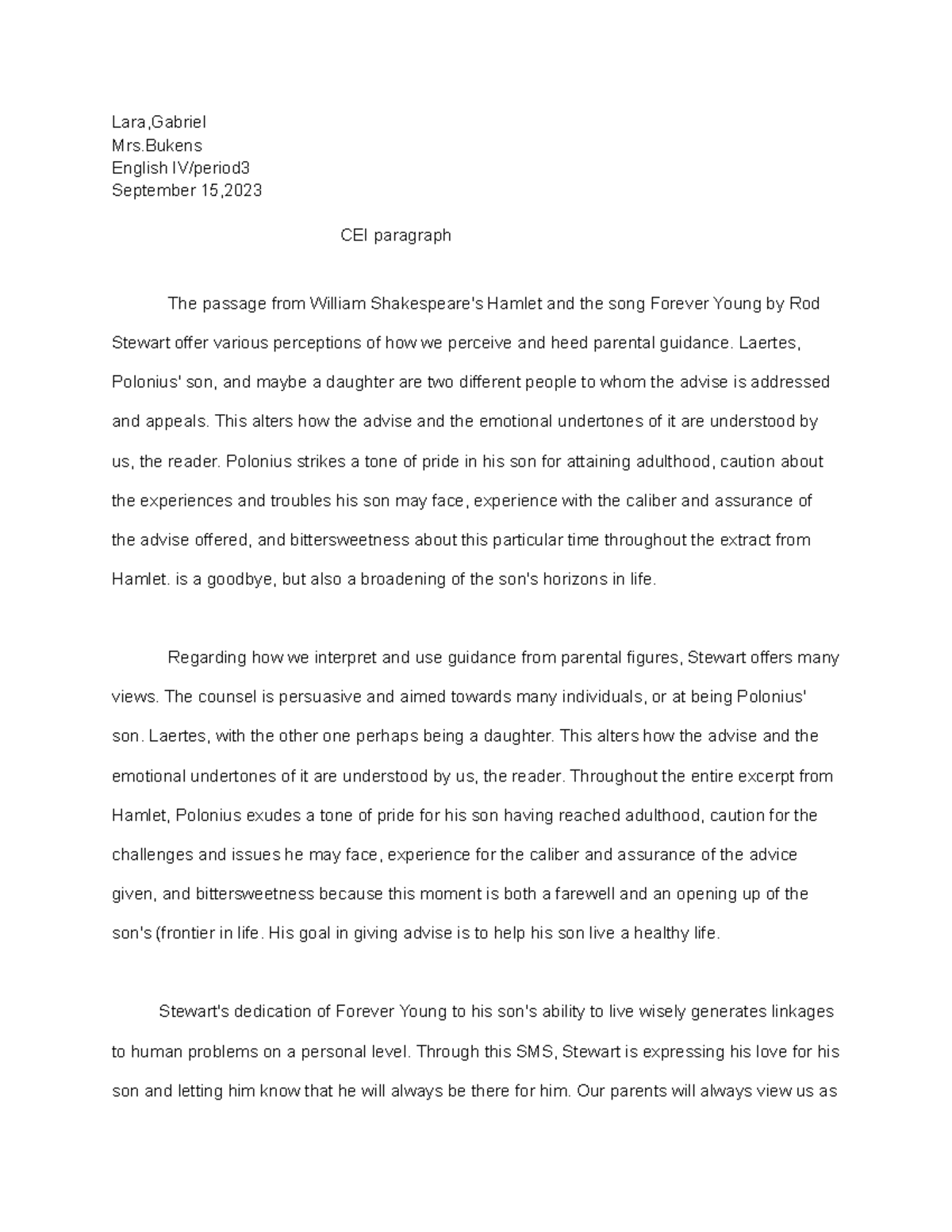 CEI paragraph - Gyygyg - Lara,Gabriel Mrs English IV/period September ...