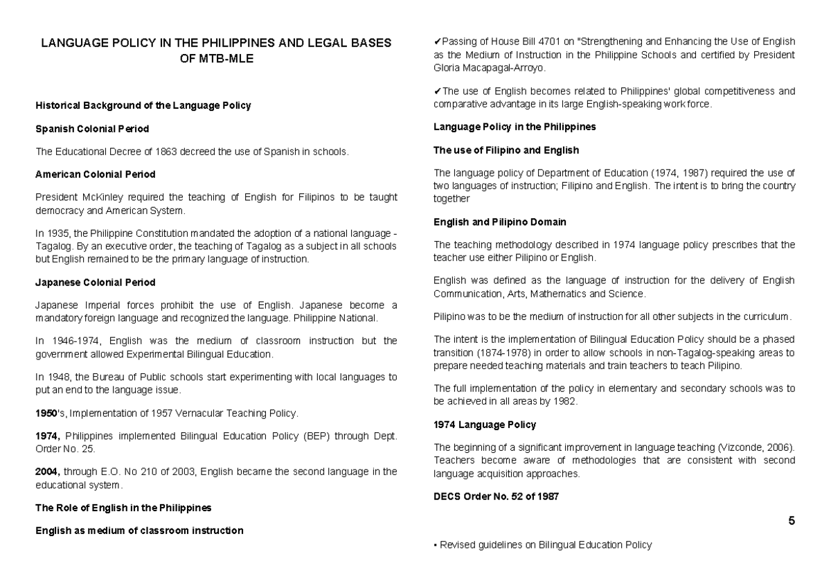 EL118 Portfolio - study purposes - LANGUAGE POLICY IN THE PHILIPPINES ...