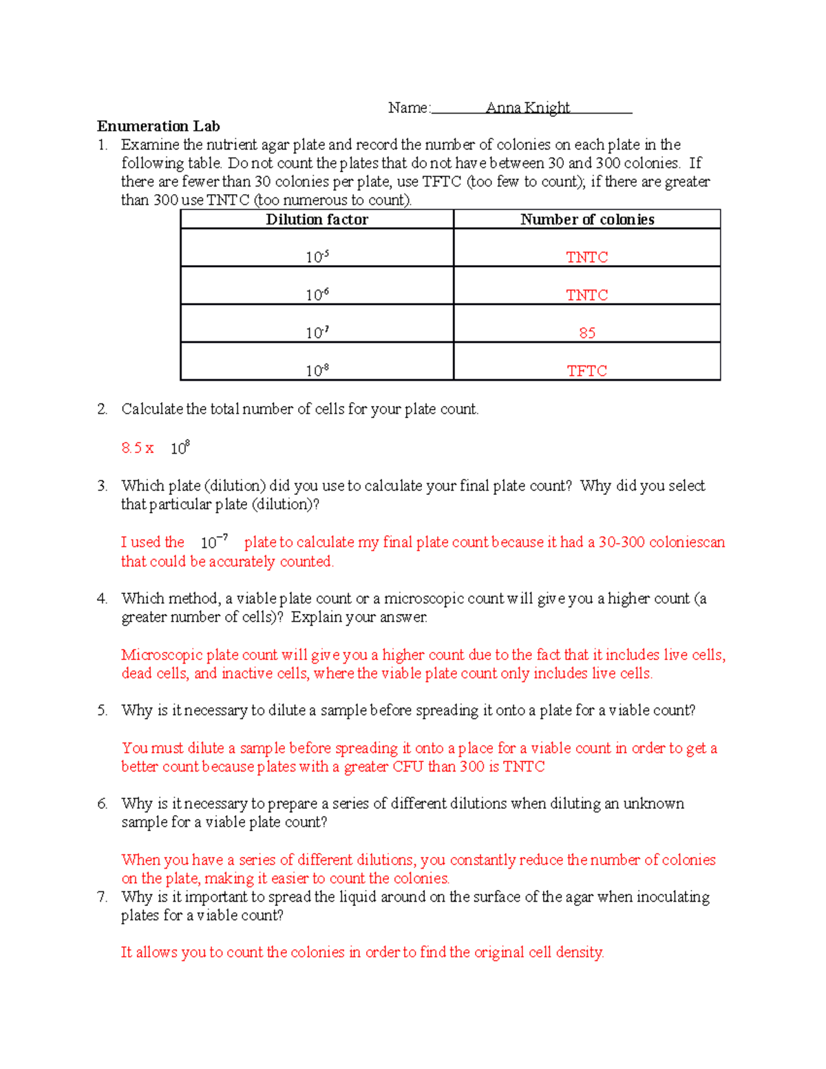 Enumeration lab 2020 - This contains lab answers for Microbiology ...