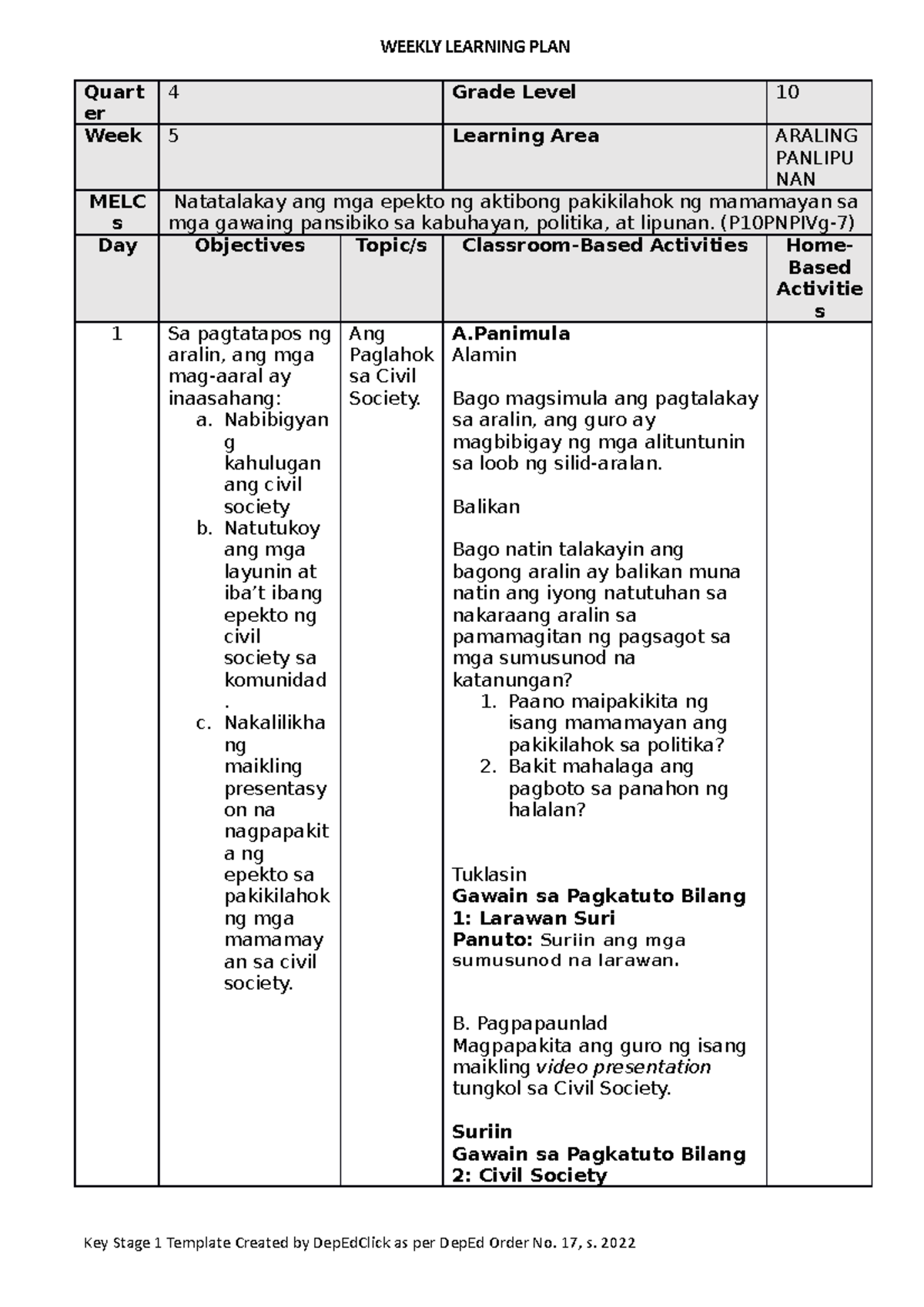 Co 2 ap10 WLP WEEK 5 Q4 - examination - WEEKLY LEARNING PLAN Quart er 4 Grade Level 10 Week 5 ...
