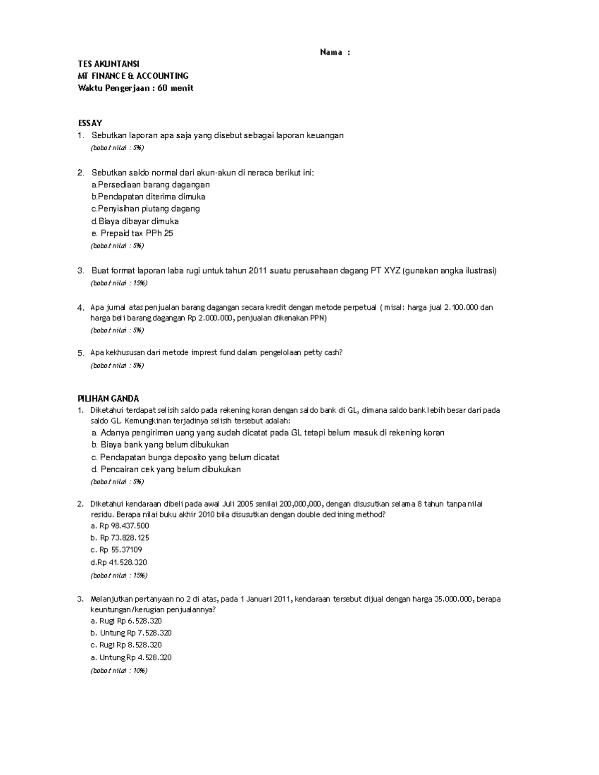 Soal Test Accounting - ssss - Nama : TES AKUNTANSI MT FINANCE ...