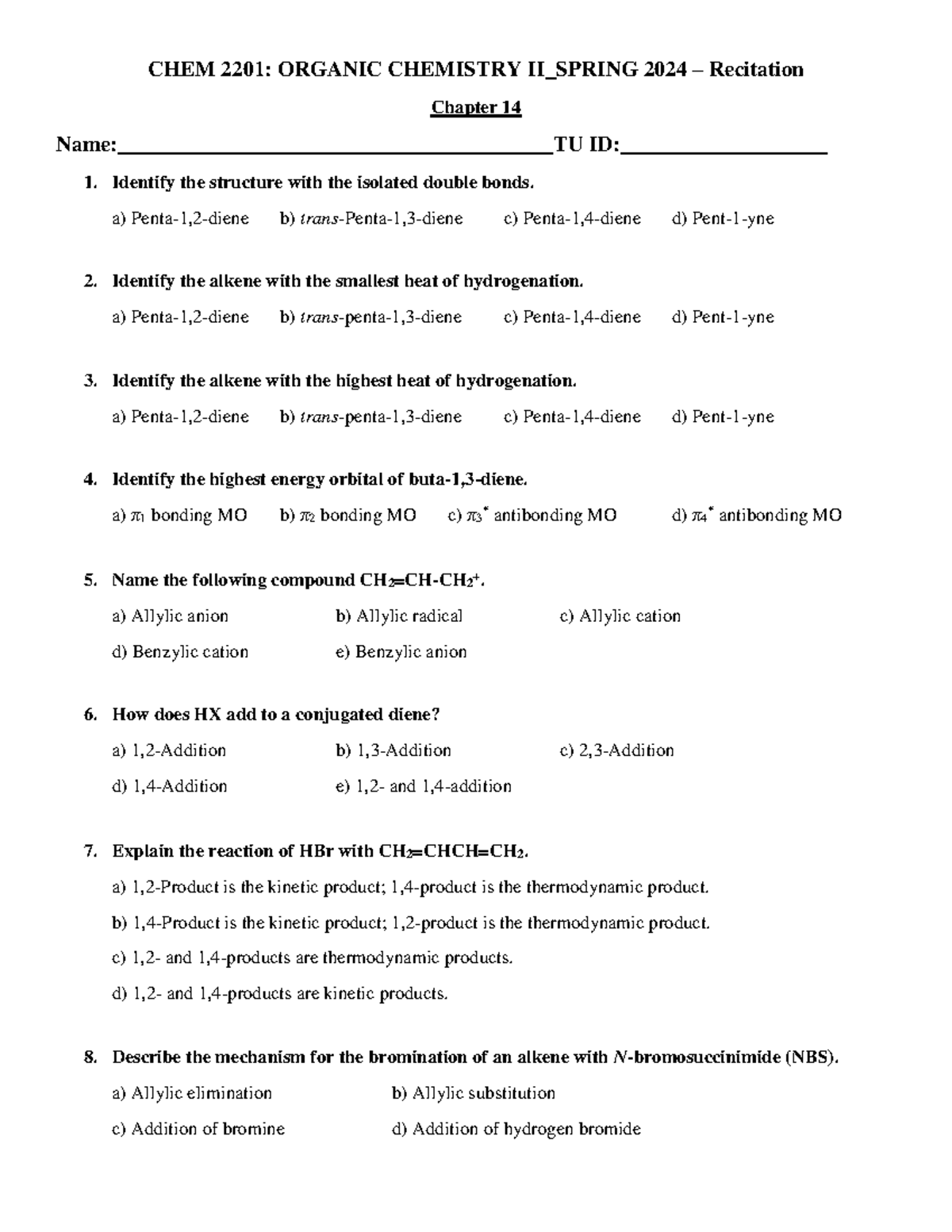 CHEM 2202 Spring 2024 - Recitation chapter 14 questions - CHEM 2201 ...