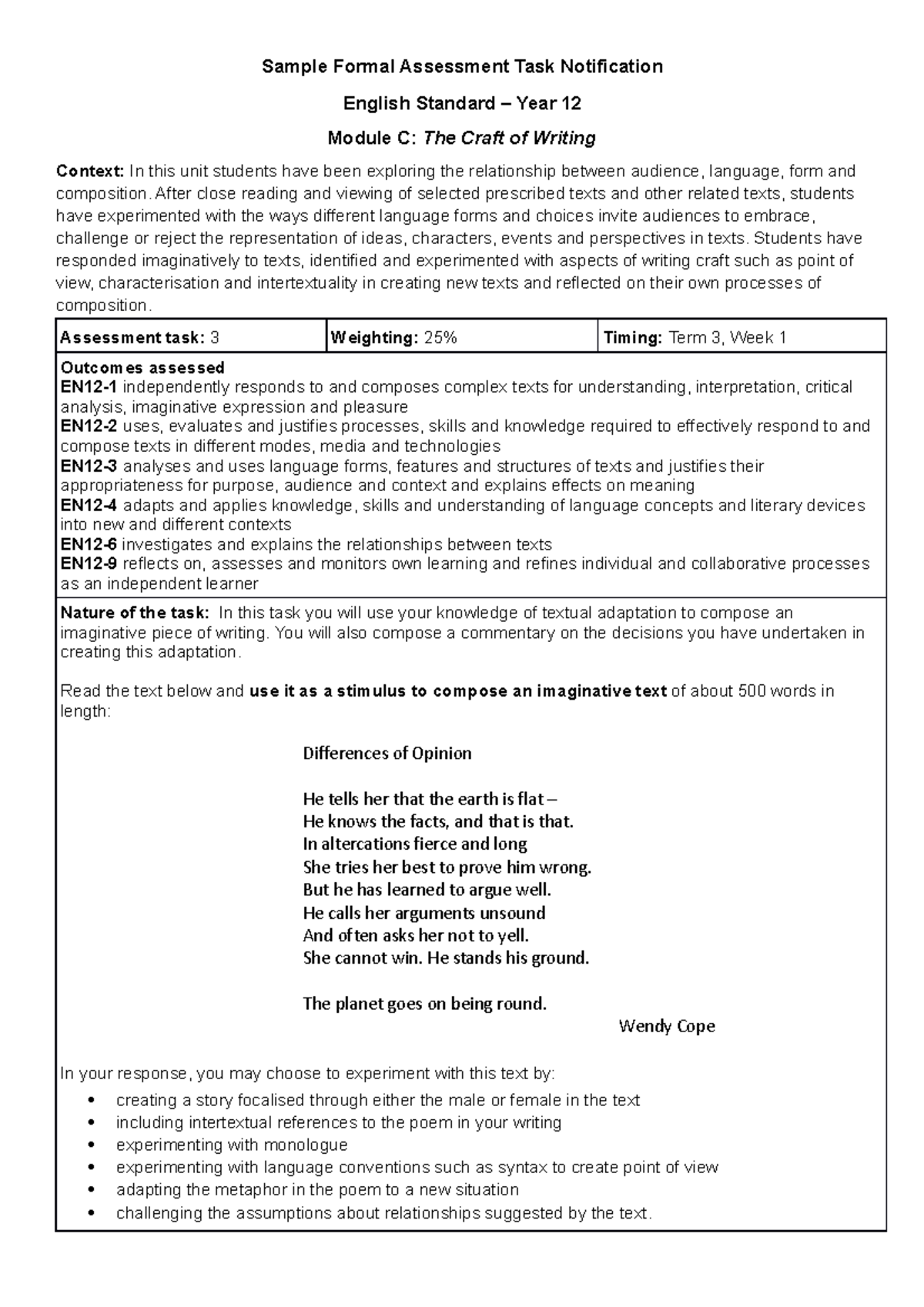 English standard stage 6 sample assessment task module c - Sample ...