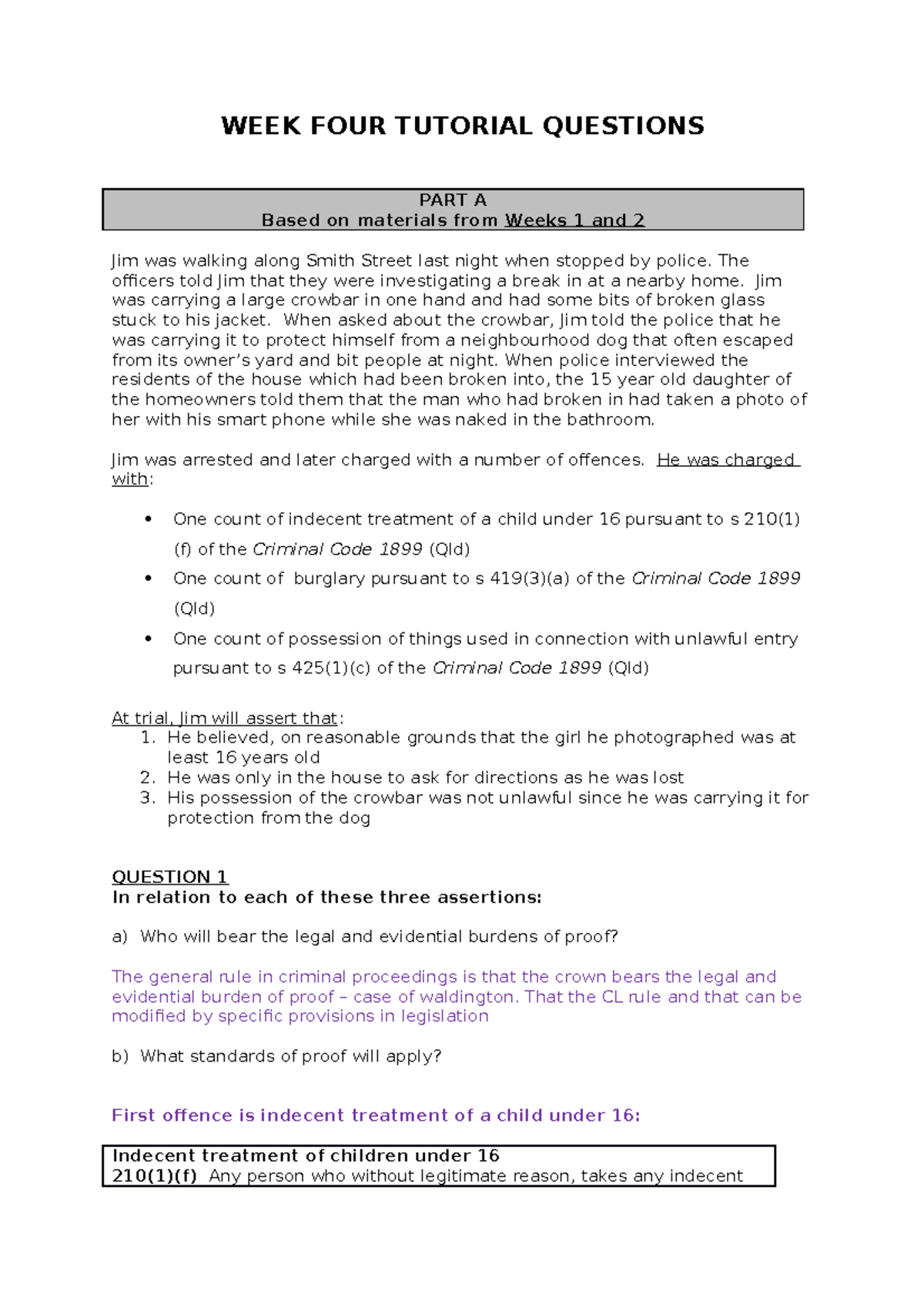 WEEK 4 Workshop - week 4 tute - WEEK FOUR TUTORIAL QUESTIONS PART A Based on materials from ...