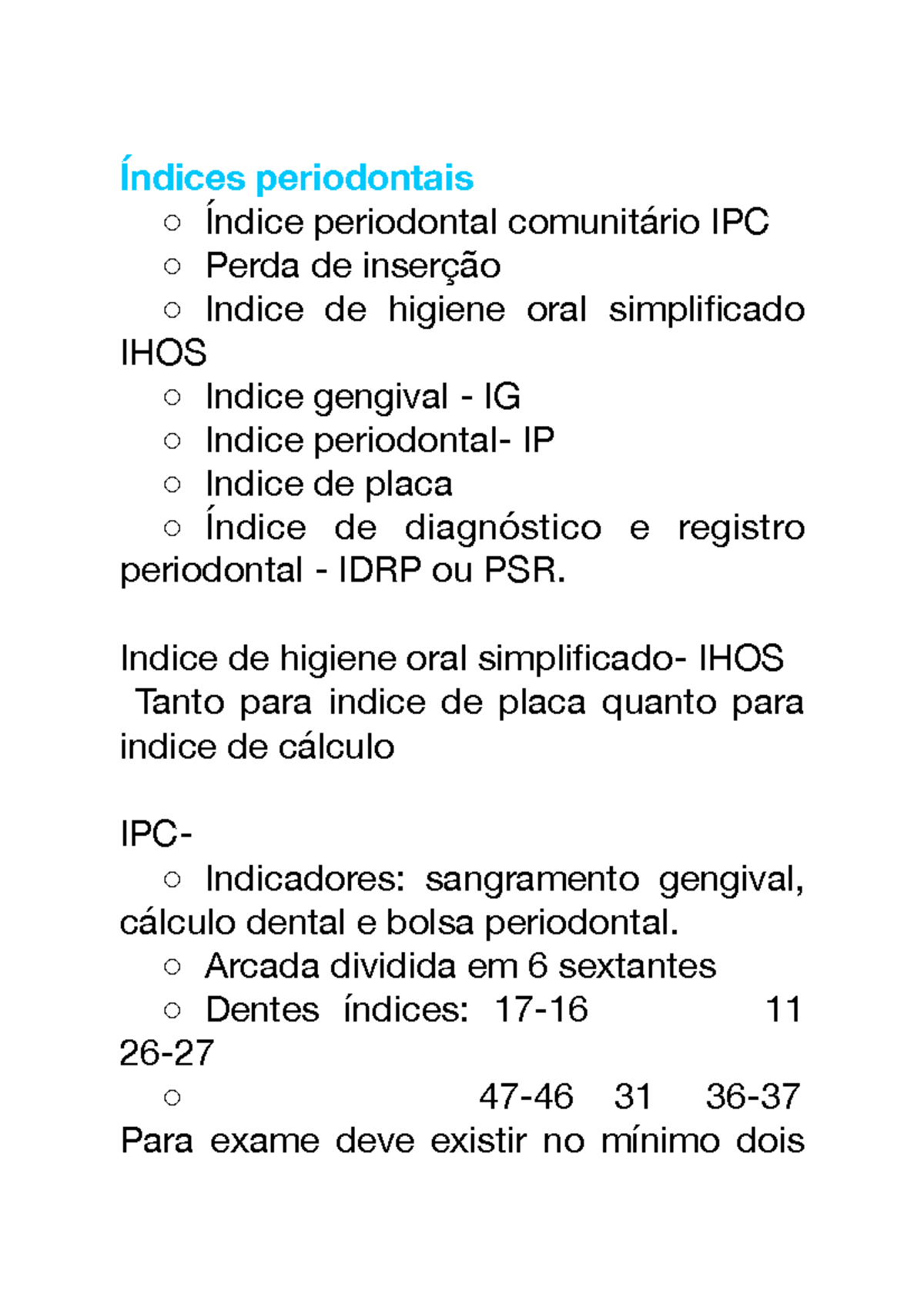 índices periodontais - frfbtbg - Índices periodontais Índice ...
