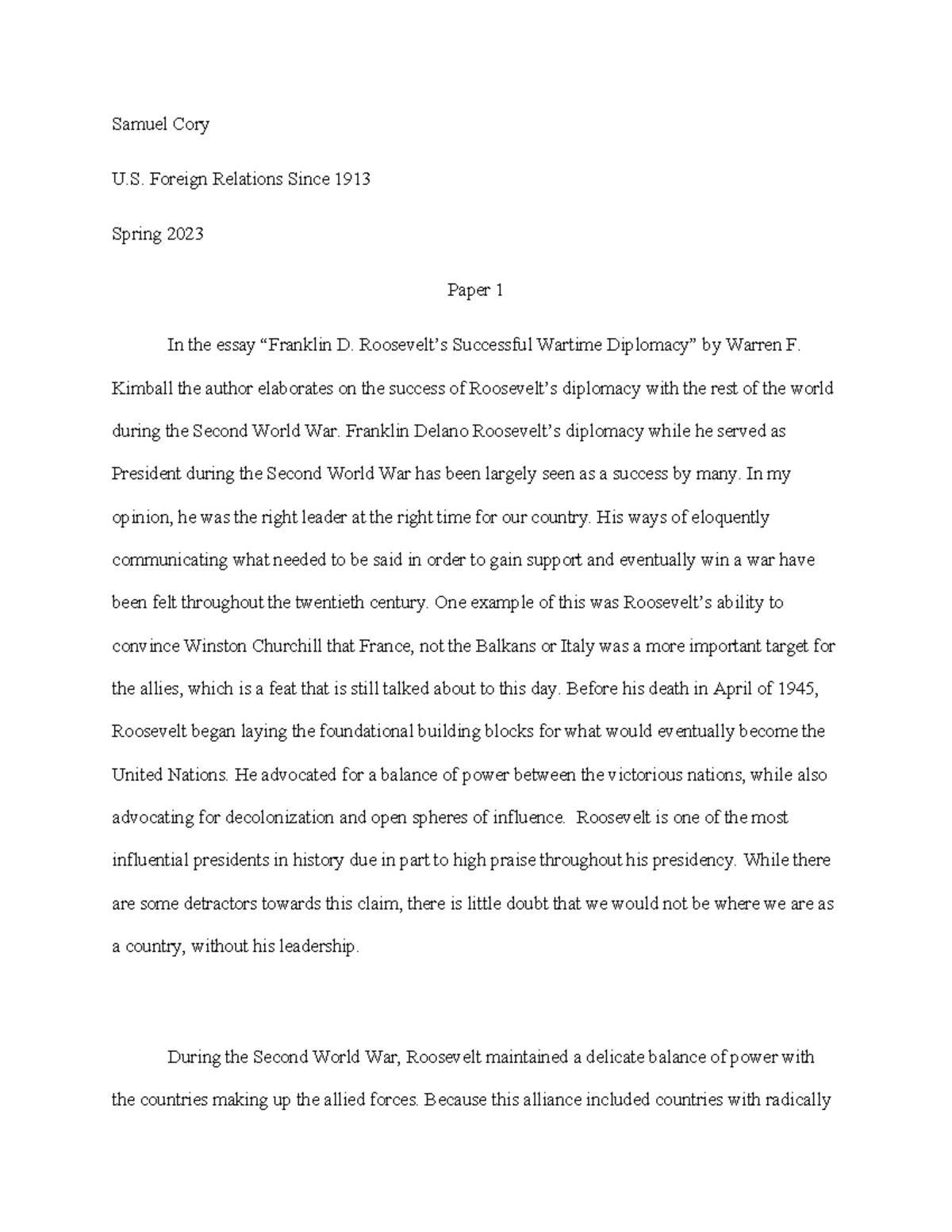 Paper #1 copy - Samuel Cory U. Foreign Relations Since 1913 Spring 2023 ...