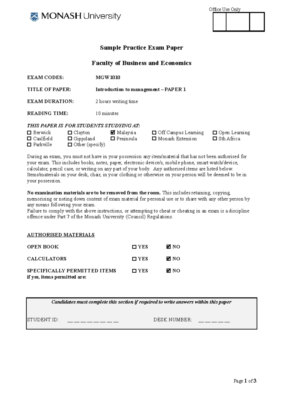 Practice Exam 9 2017, questions and answers - Office Use Only Sample ...