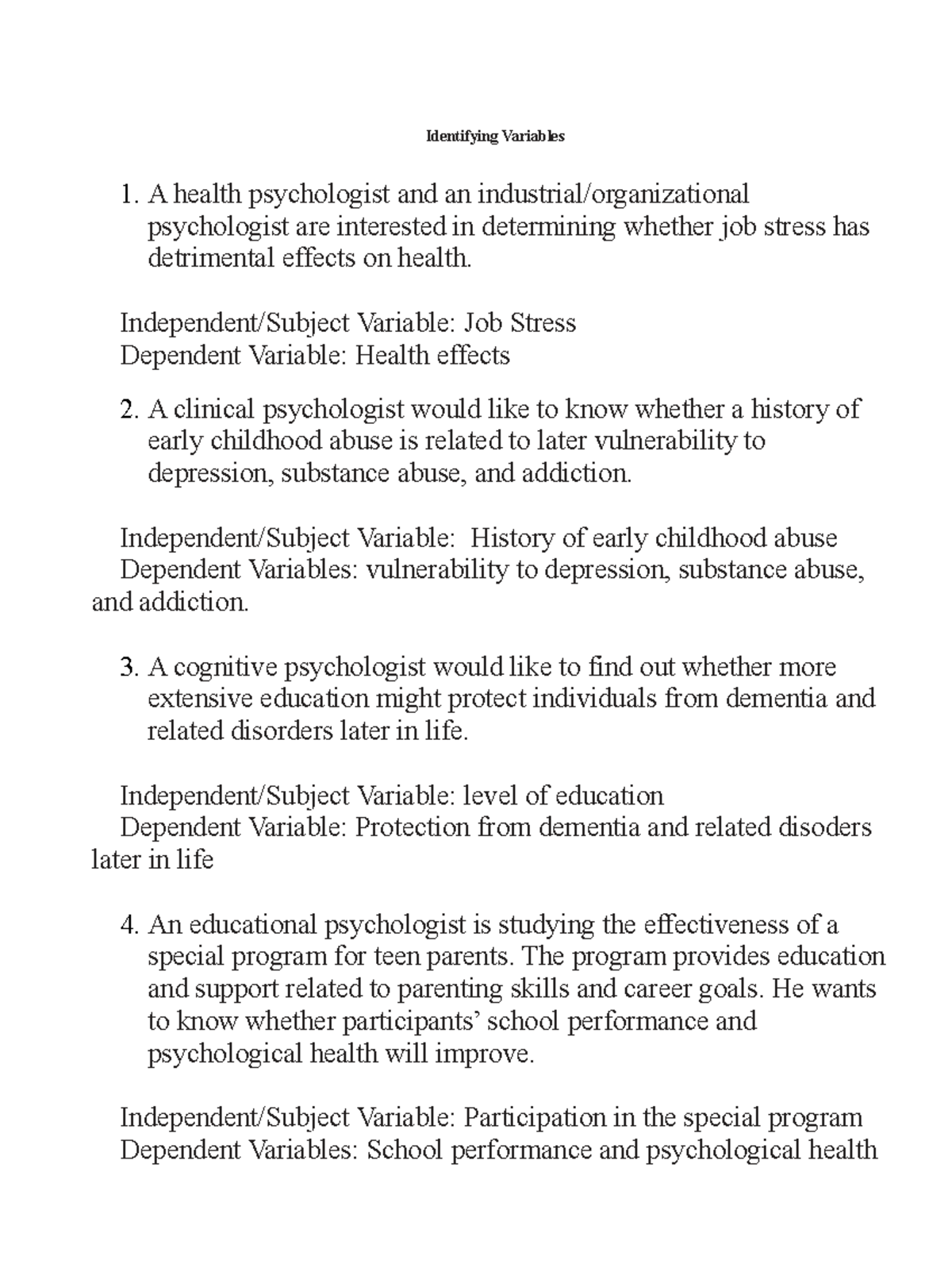 Methods Worksheets 1 - math - Identifying Variables A health ...