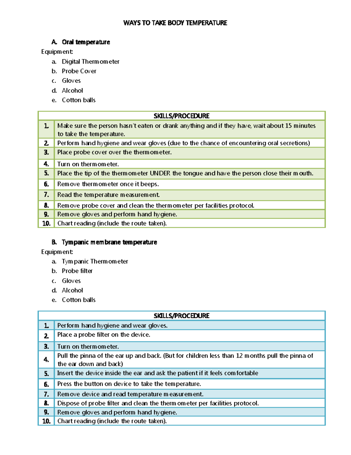 Ways to Take Body Temperature - WAYS TO TAKE BODY TEMPERATURE A. Oral ...