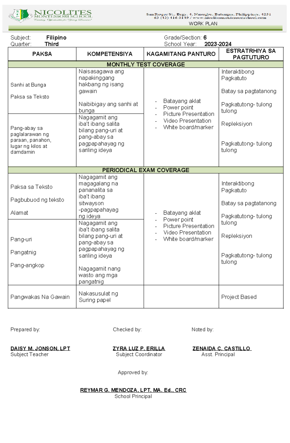 Work Plan Filipino 2nd Quarter Subject Filipino Grade Section 6