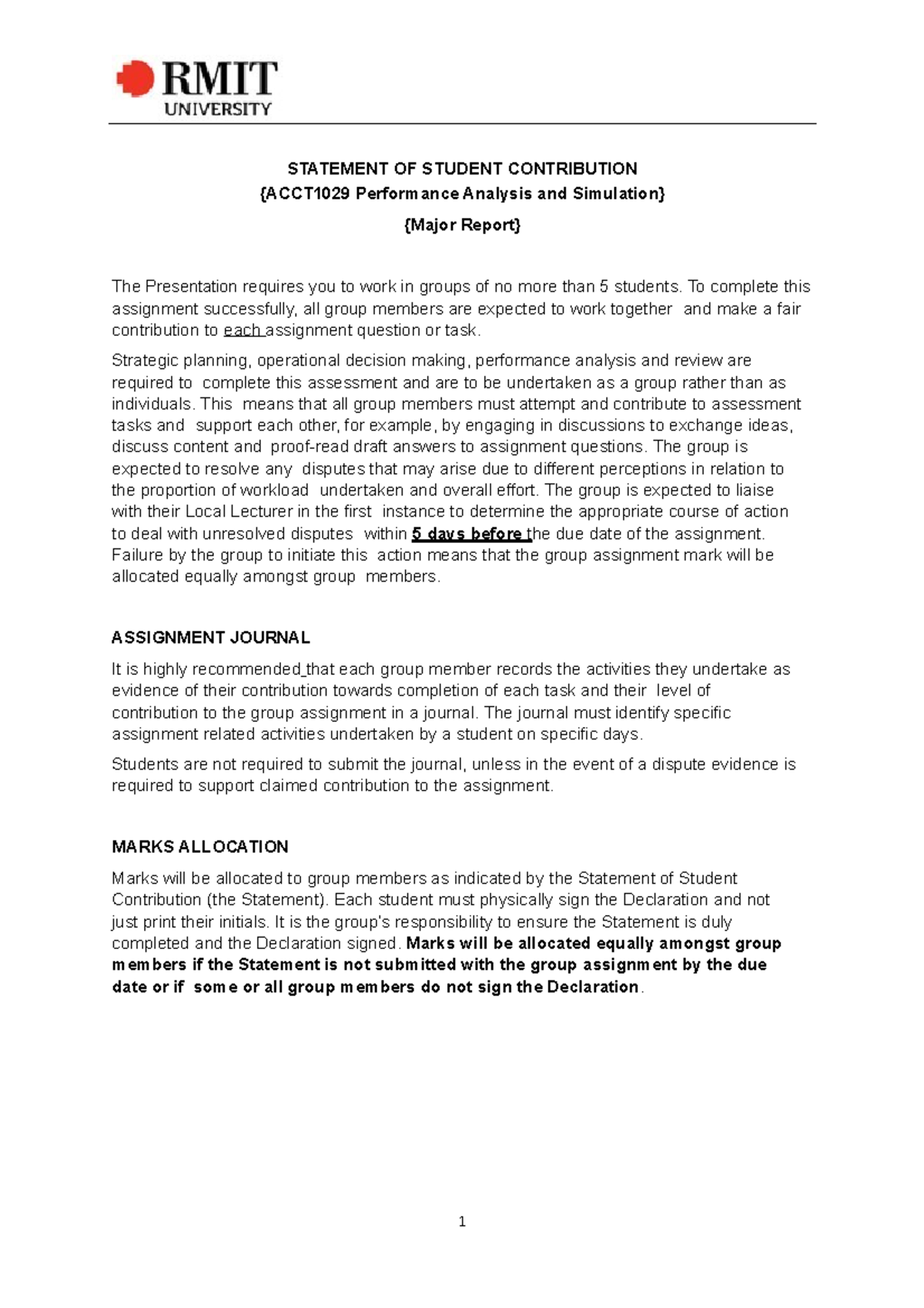 ACCT1029 Major Report Statement of Student Contribution - STATEMENT OF ...