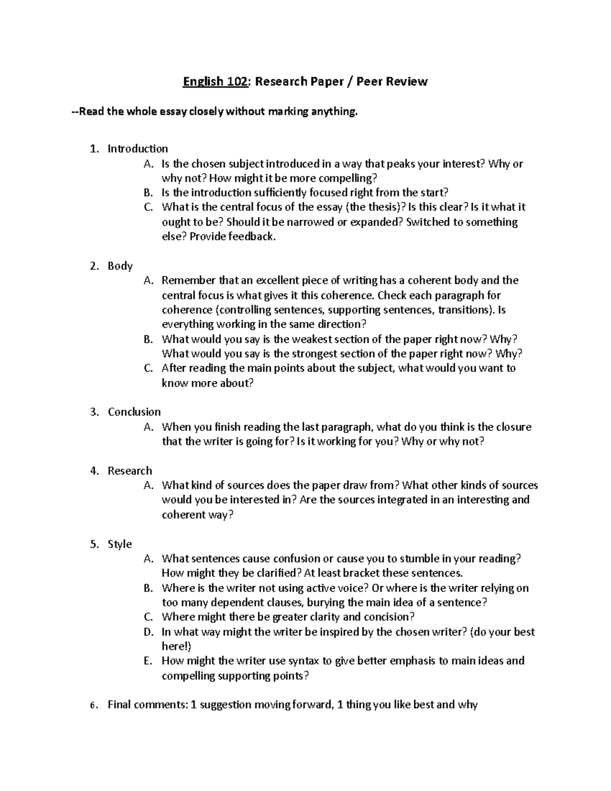 English 102 Research Paper Peer Review English 102 Research Paper
