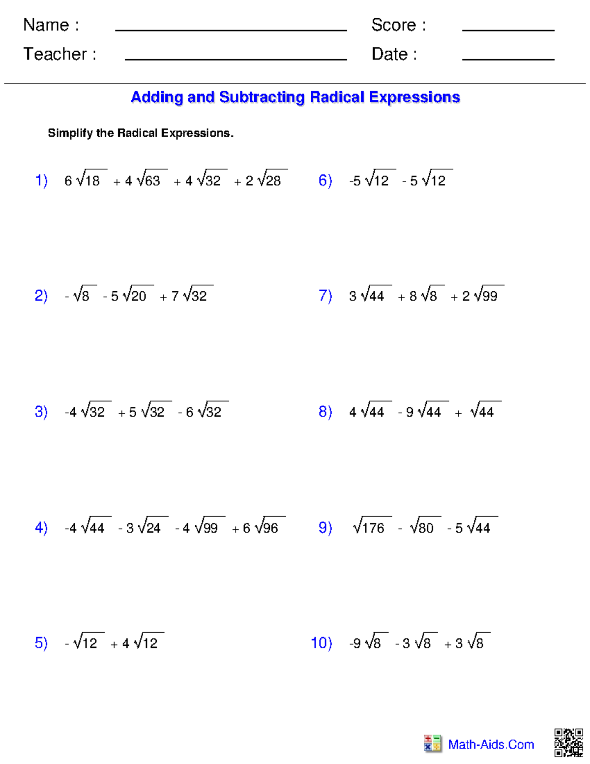 Adding and Subtracting irrational numbers - Name : Teacher : Date ...