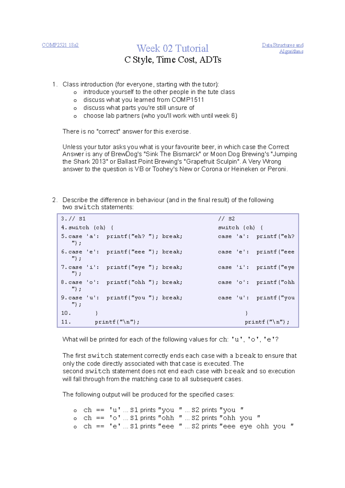 Data Structures and Algorithms Tutorial: C Style Time Cost ADTs - Studocu