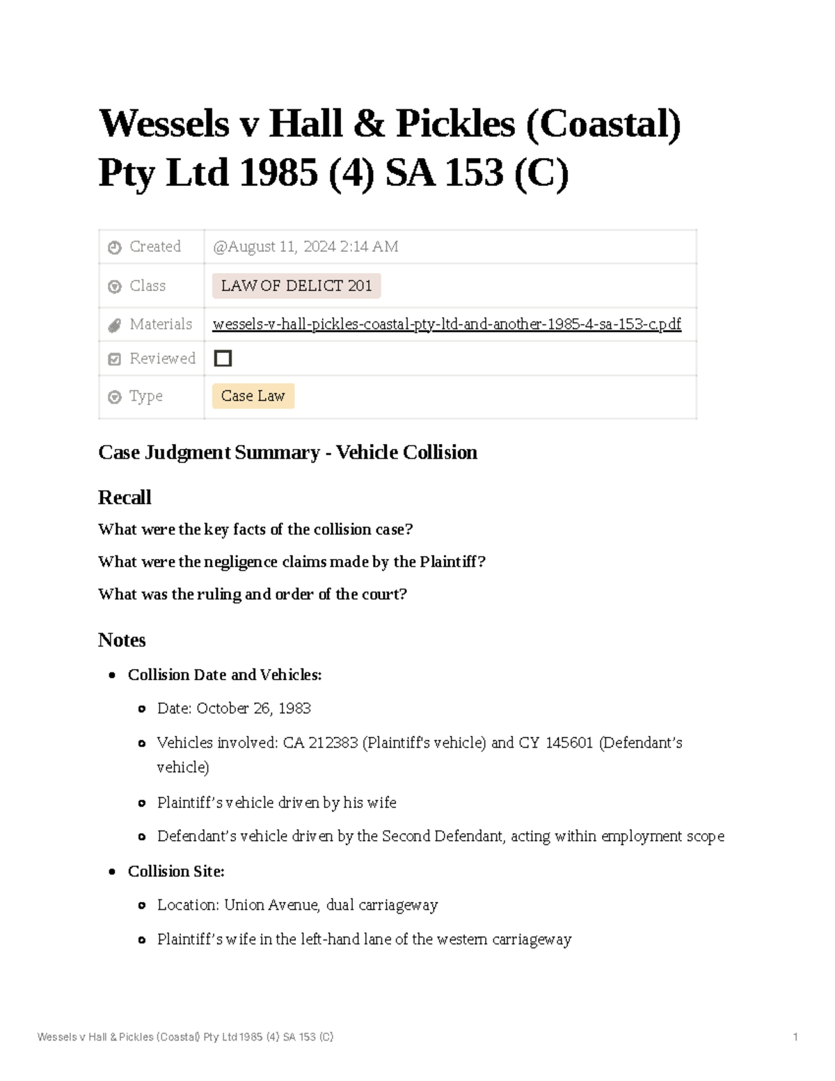 Wessels v Hall Pickles (Coastal) Pty Ltd 1985 - Wessels v Hall ...