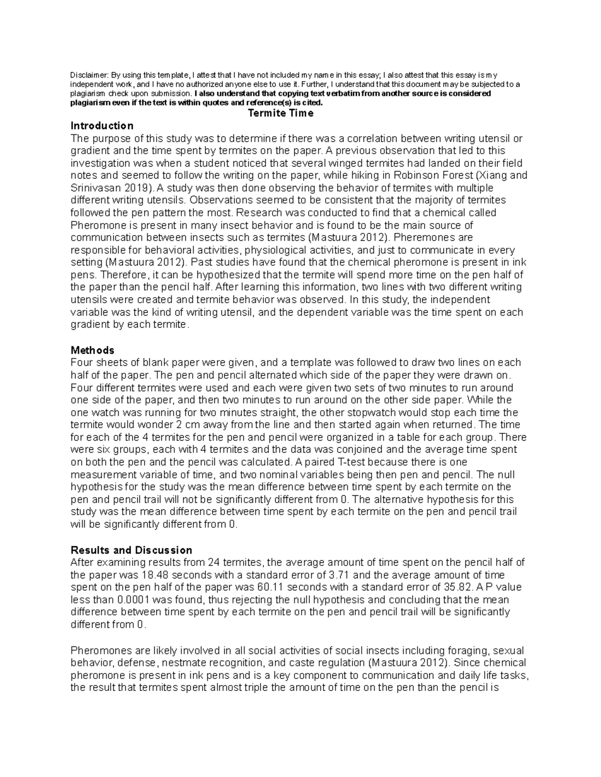 Termite Time lab report - Disclaimer: By using this template, I attest ...