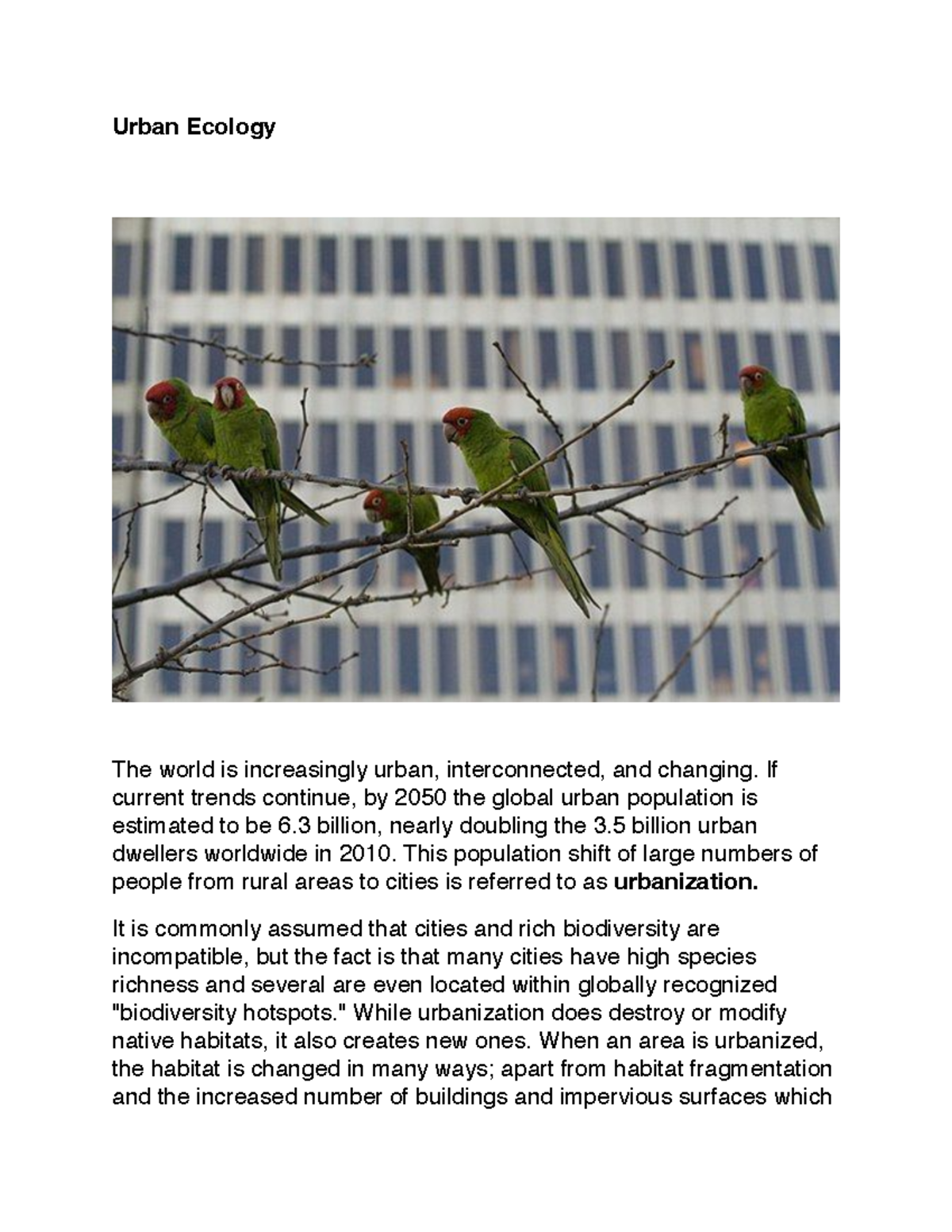 Biology - Urban Birds - Urban Ecology The world is increasingly urban ...