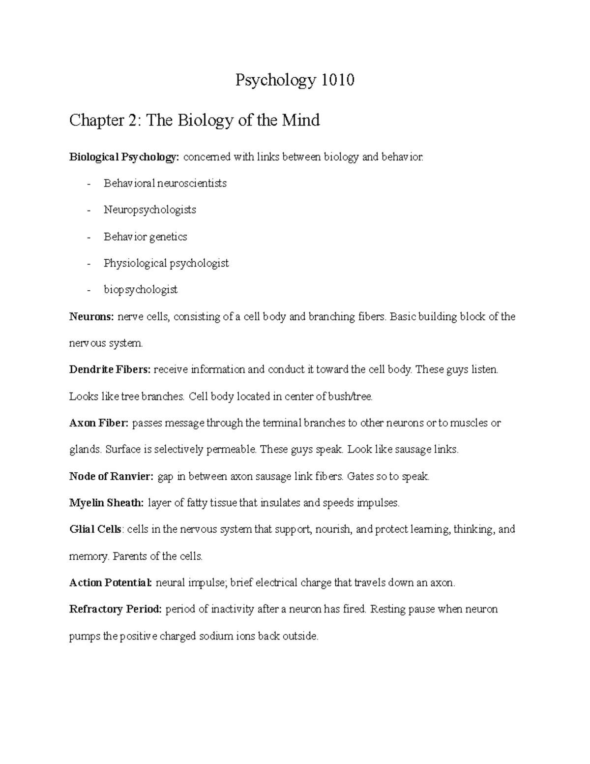 Psych 1010 Chp 2 Notes - Psychology 1010 Chapter 2: The Biology of the ...