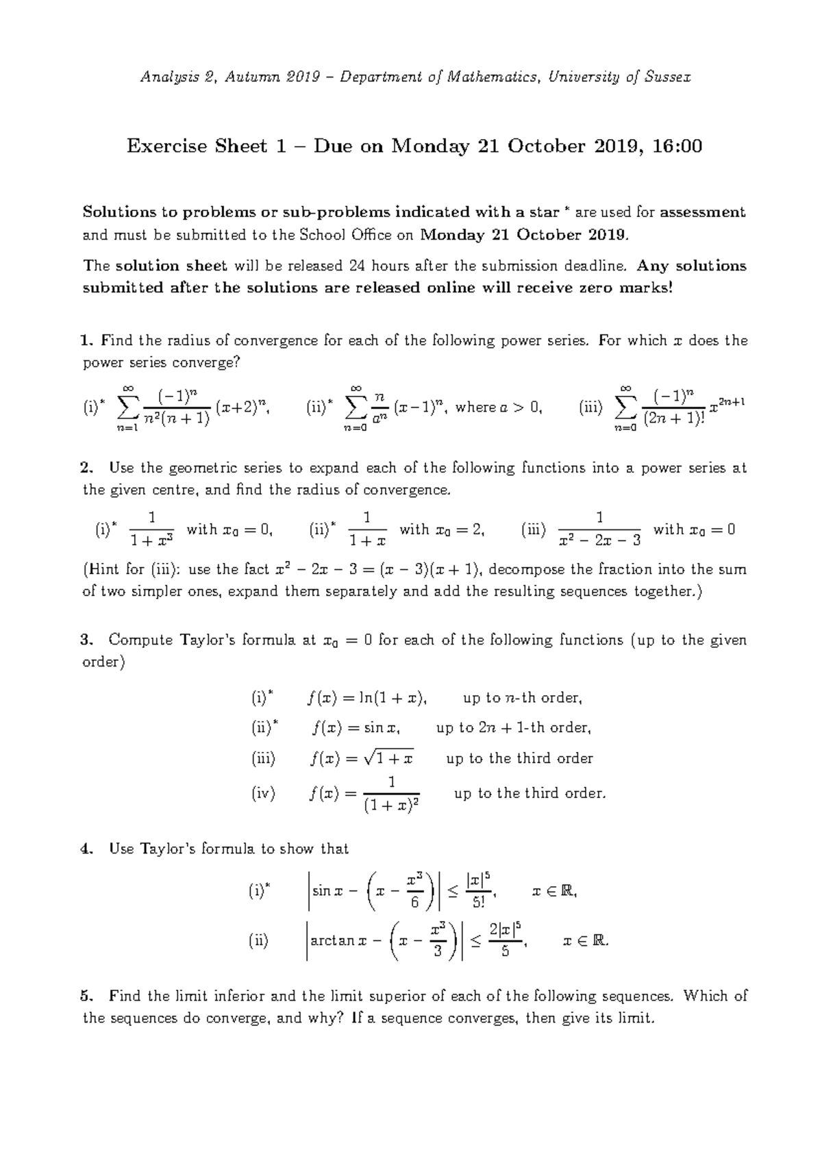 Sheet 1 Analysis 2 - Problem set 1 - Analysis 2, Autumn 2019 ...