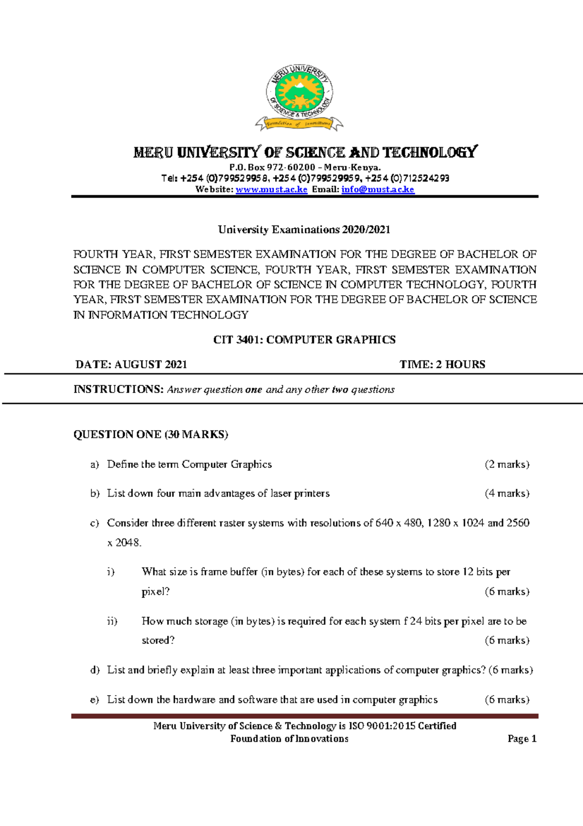 CIT 3401 Computer Graphics 2 - Meru University of Science & Technology is ISO 9001:2015 - Studocu
