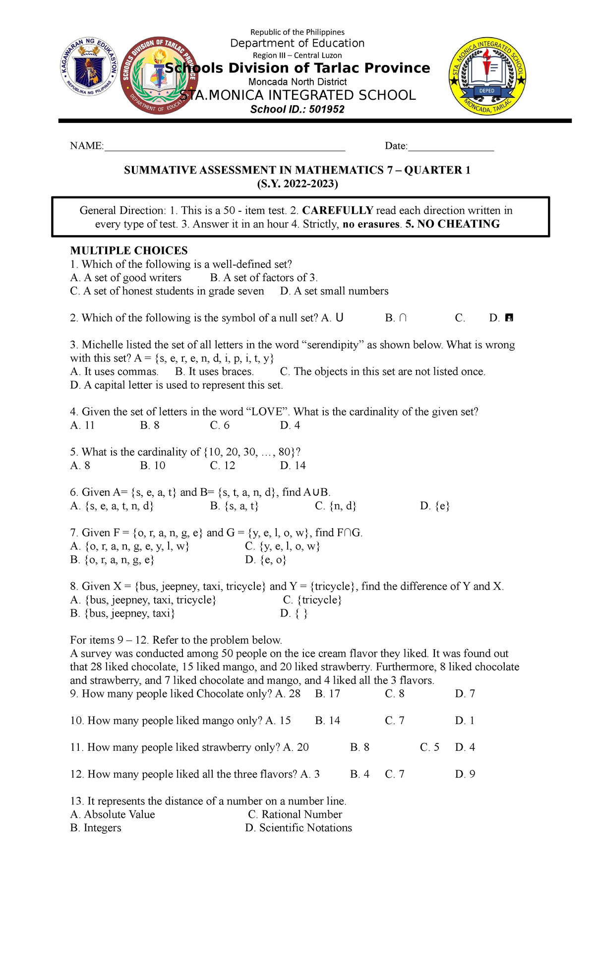1st Quarter Exam Math7 Final - Republic of the Philippines Department ...