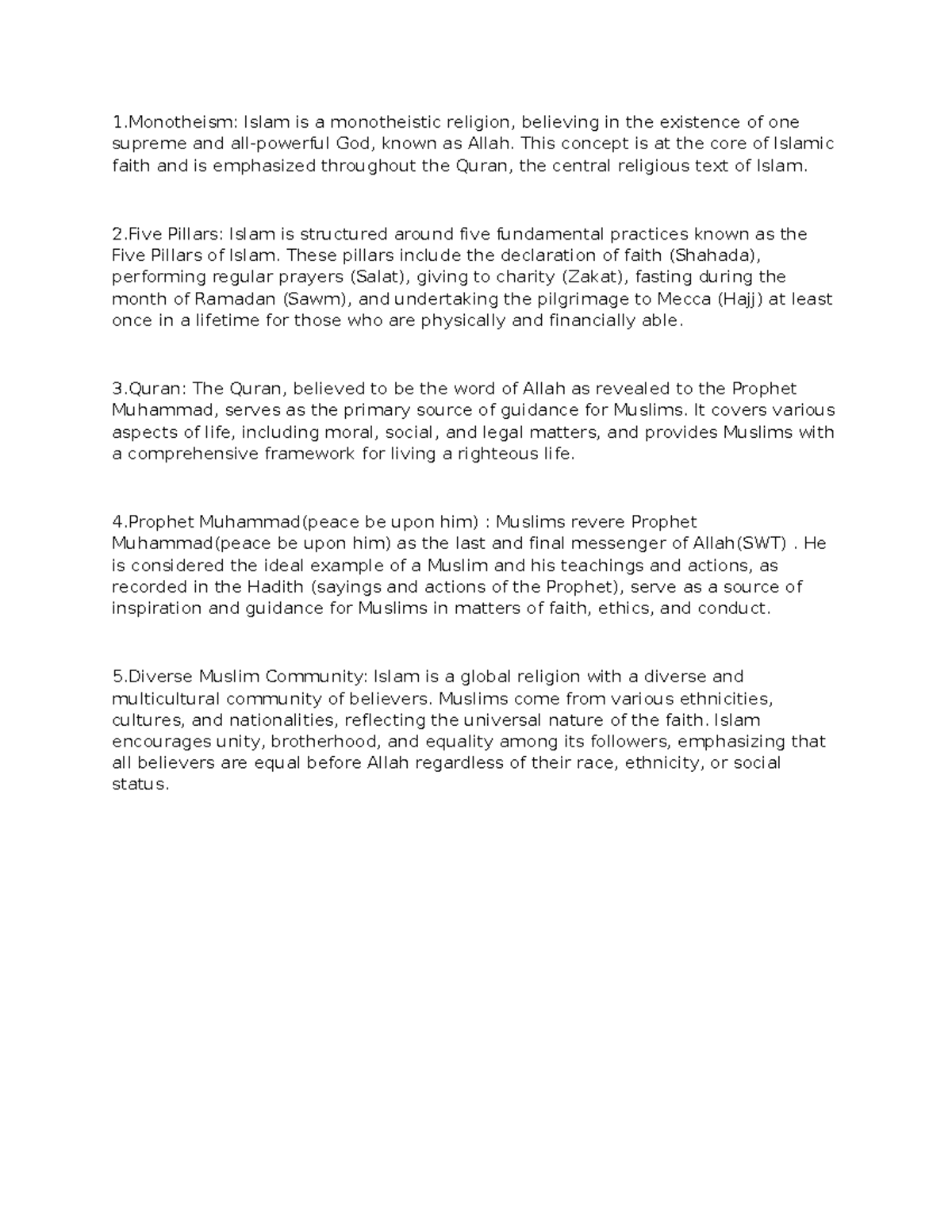 Document - Notes - 1: Islam is a monotheistic religion, believing in ...