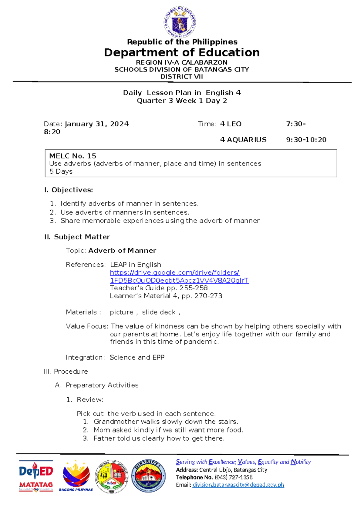English 4 Q3 Week1 Day1 - lesson plan - Department of Education REGION ...