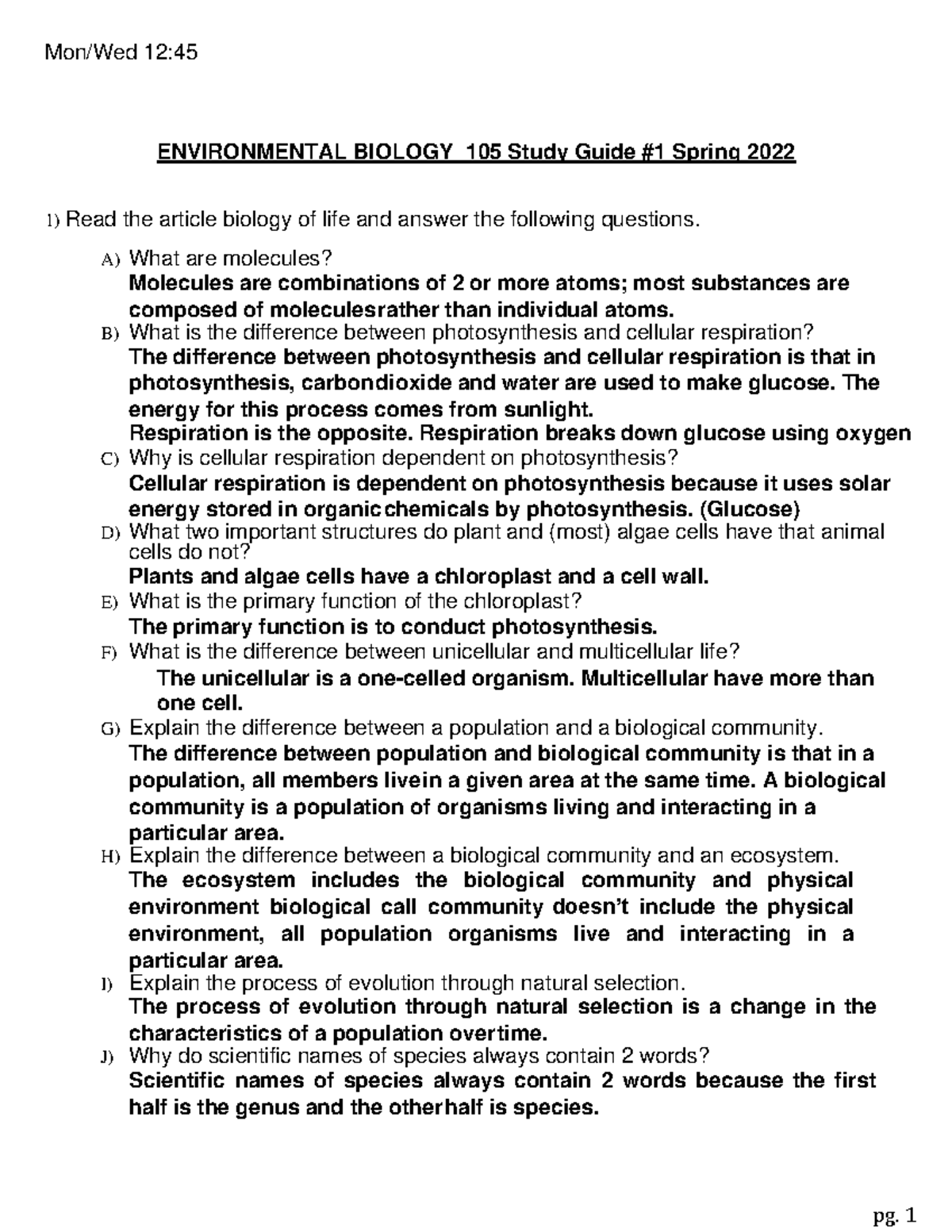 Environmental Biology 105 Study Guide #1 Spring 2022 - pg. 1 Mon/Wed 12 ...