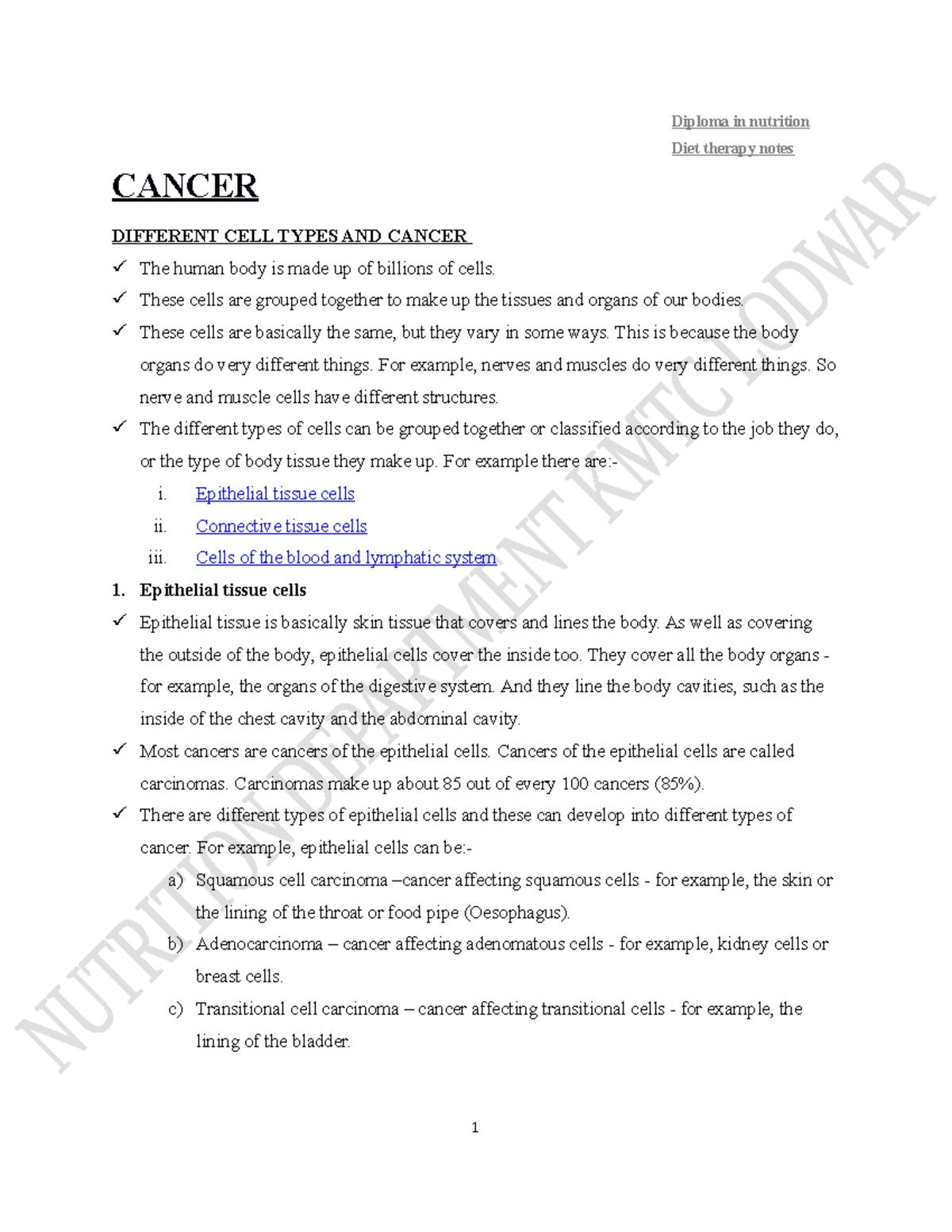 Cancer AND Types OF Cells Diploma - Diploma in nutrition Diet therapy ...