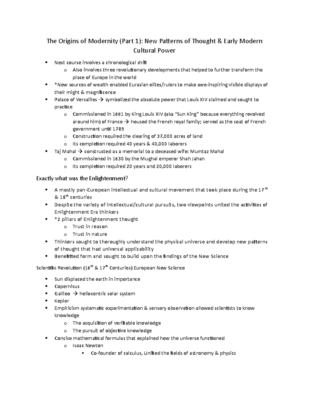 History 100 Notes Section 2 - The Origins of Modernity (Part 1): New ...