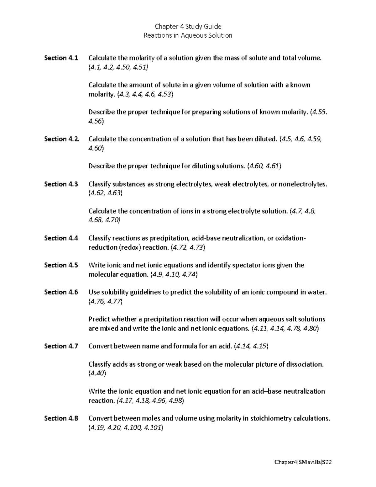 Chaper 4 Study Guide S22 - Chapter 4 Study Guide Reactions in Aqueous ...