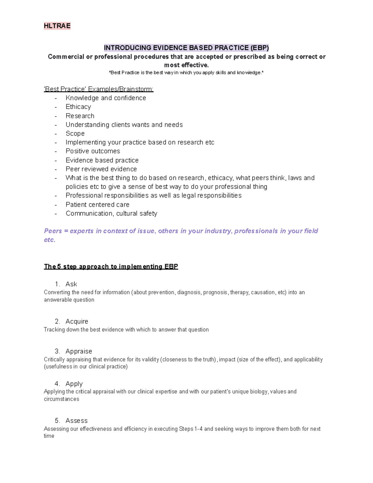 HLT1RAE Introduction - HLTRAE INTRODUCING EVIDENCE BASED PRACTICE (EBP ...