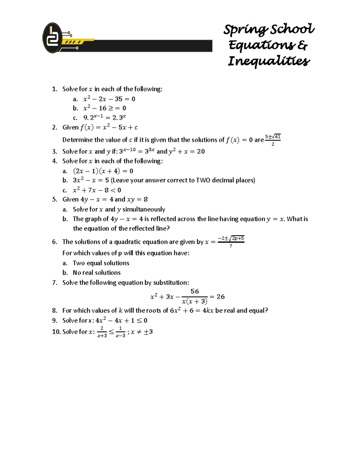 Exercise Inequa Equations - Spring School Equations & Inequalities ...