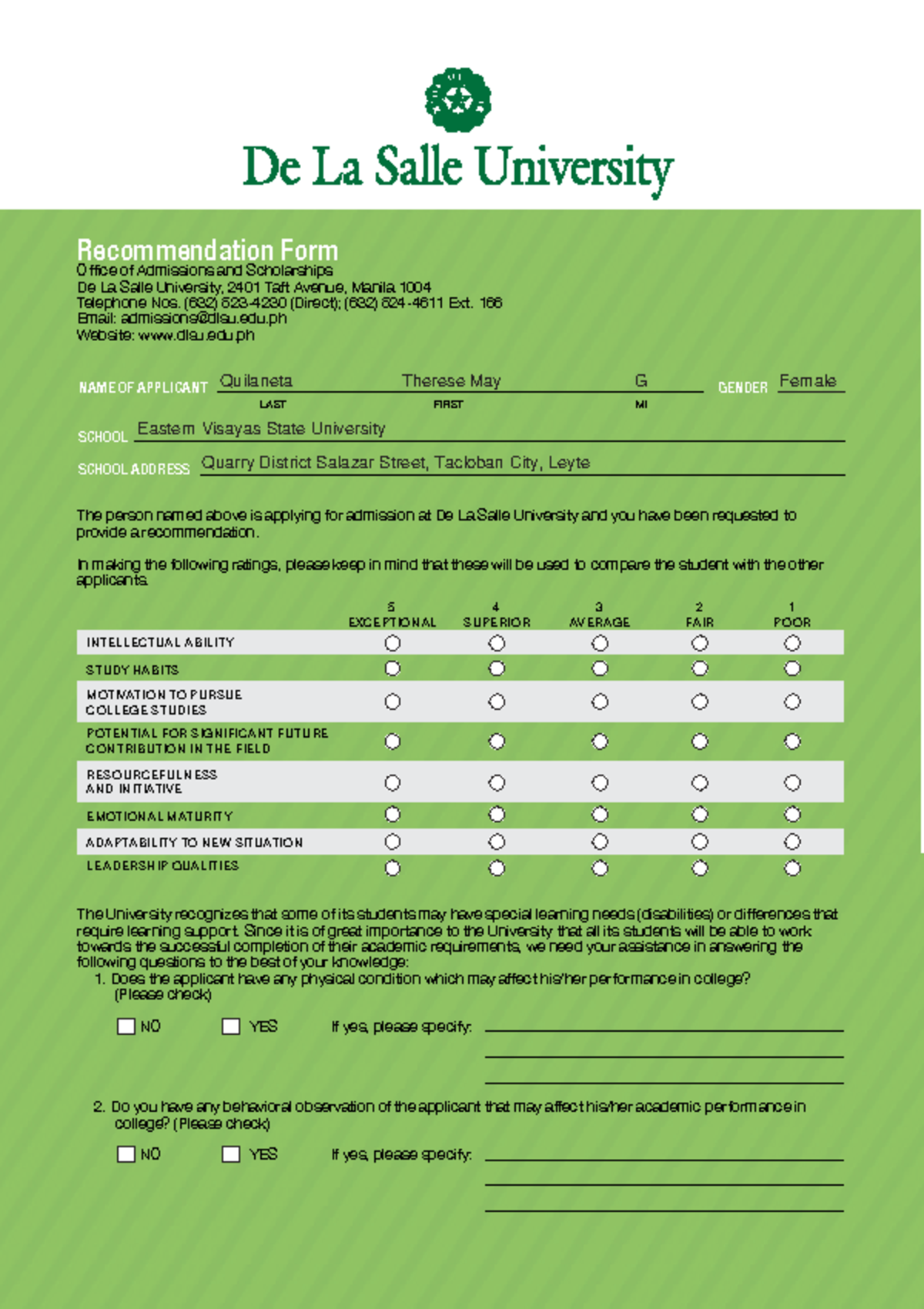 Admission-recommendation - Recommendation Form Office of Admissions and ...