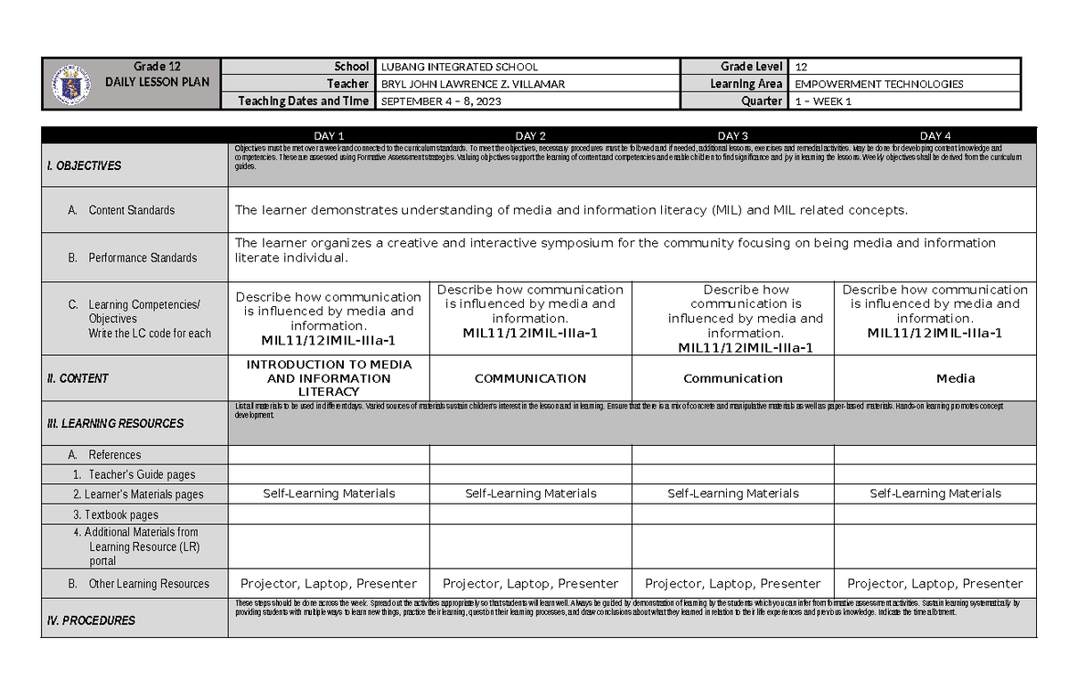 MIL September 4 - 8, 2023 - WEEK 1 - Grade 12 DAILY LESSON PLAN School ...